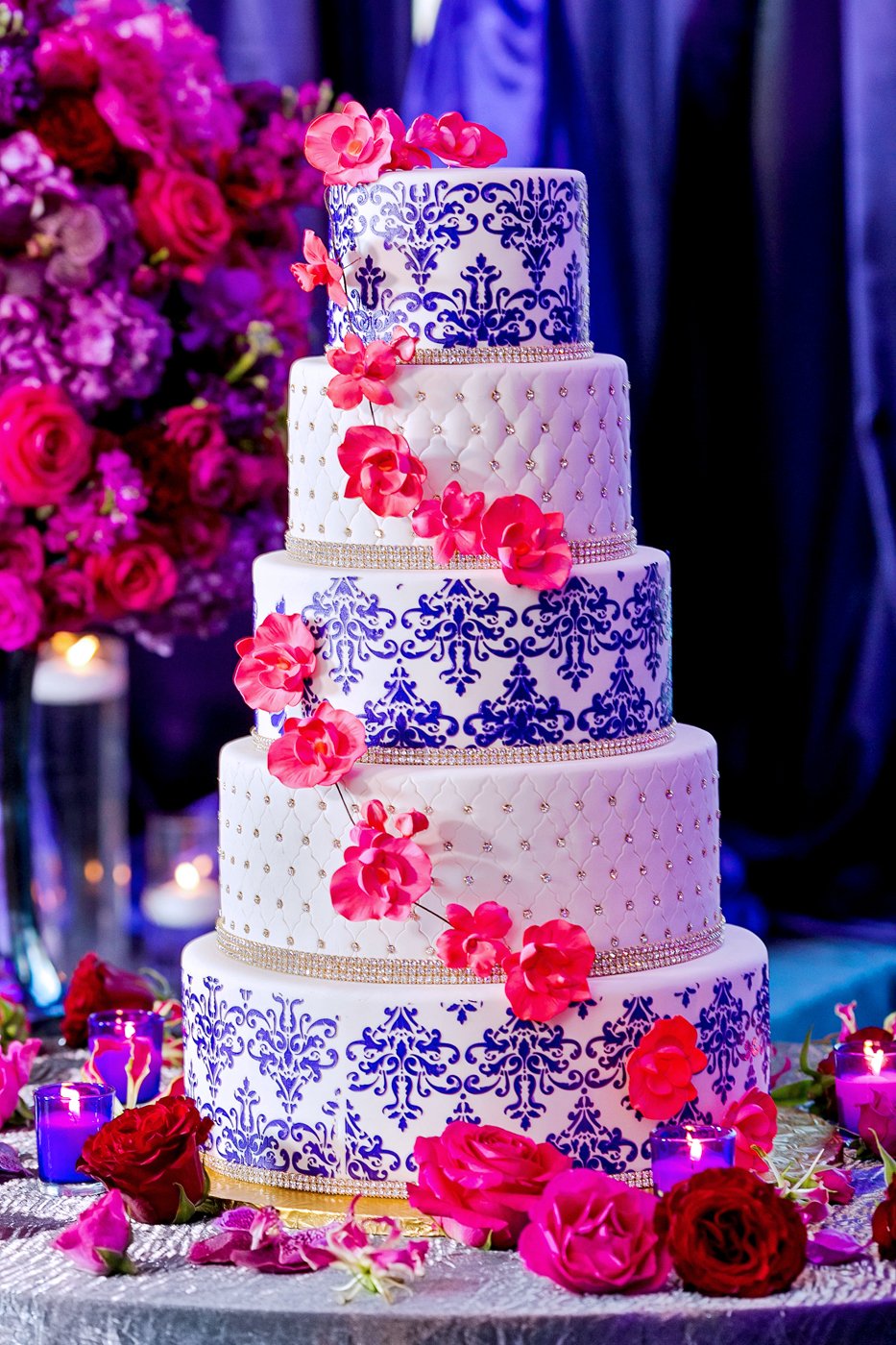 Five-Tier Damask and Pincushion Cake