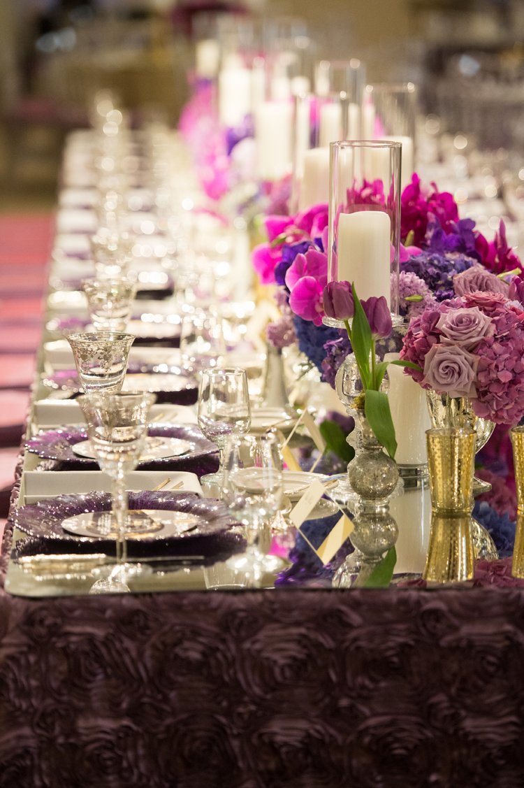 Textured Purple Linens on Reception Table