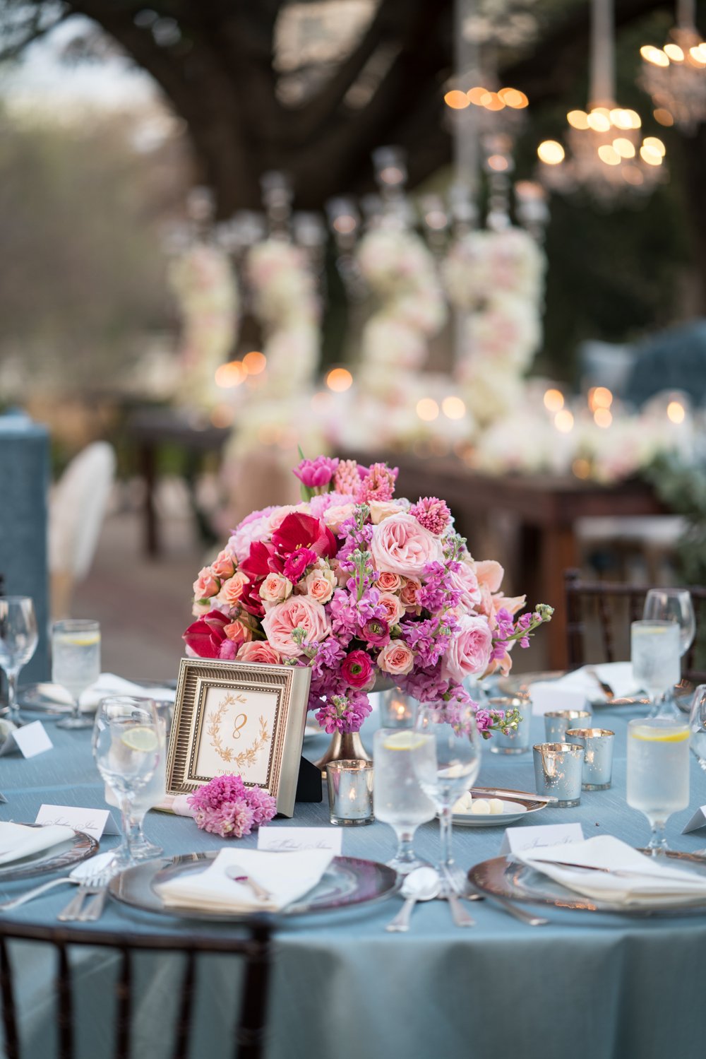 Pink Flowers and Blue Linens