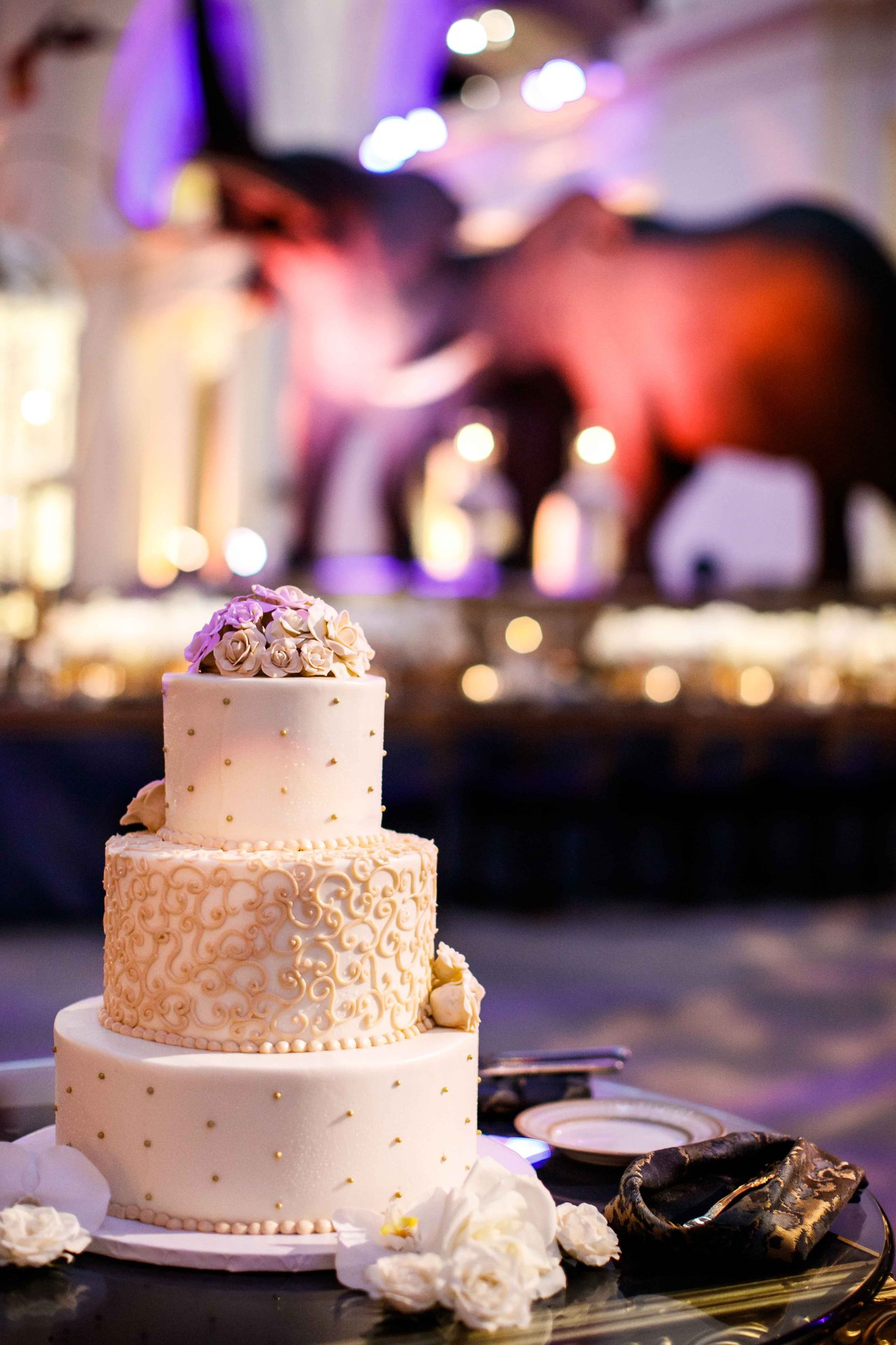 Three Tier White Cake with Gold Details