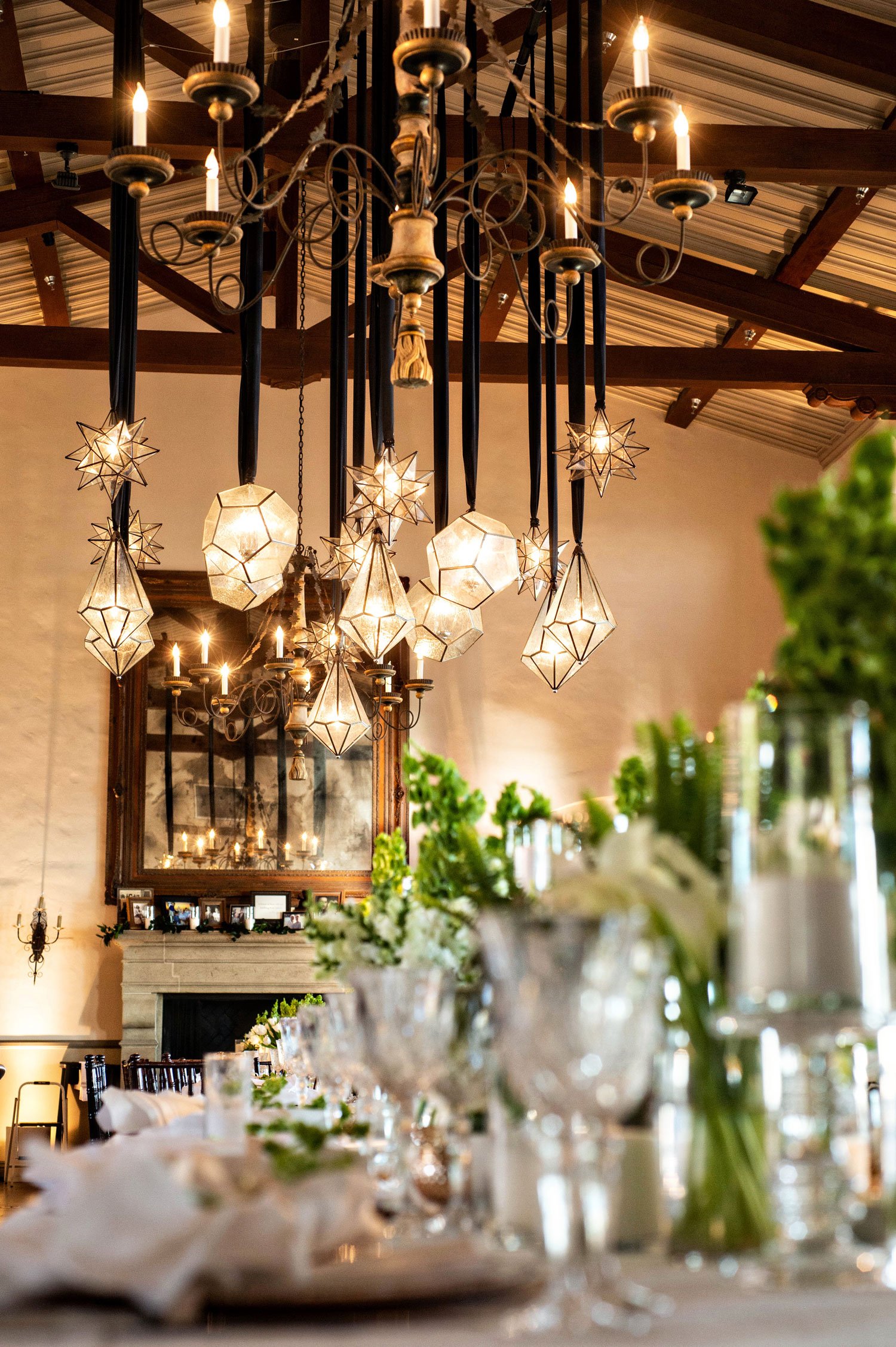 Geometric Pendant Lighting at Reception