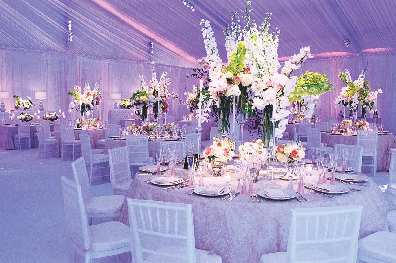Reception Décor Photos - Lavender Reception Tent Lighting - Inside Weddings