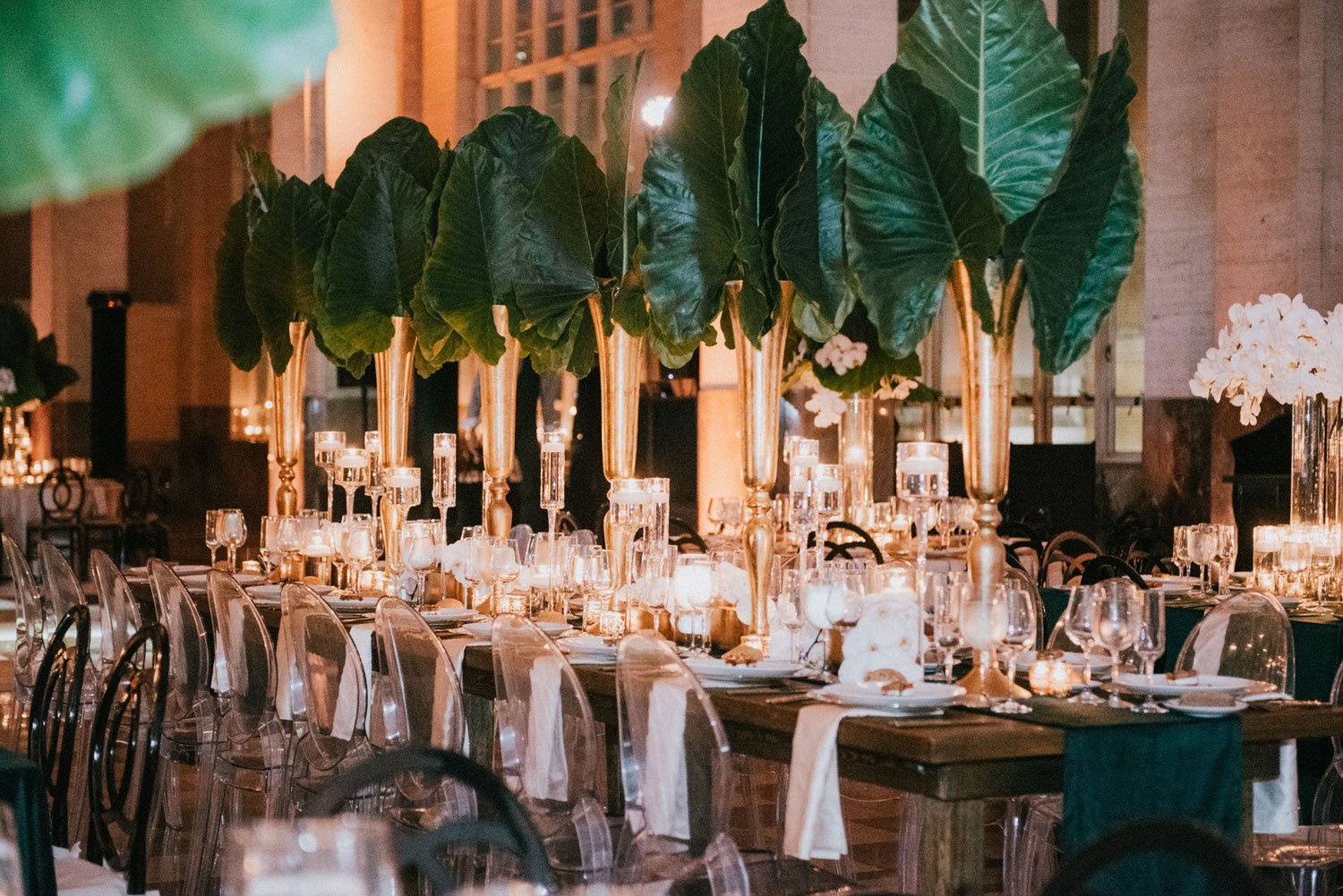 Elephant Ear Centerpieces on Long Table