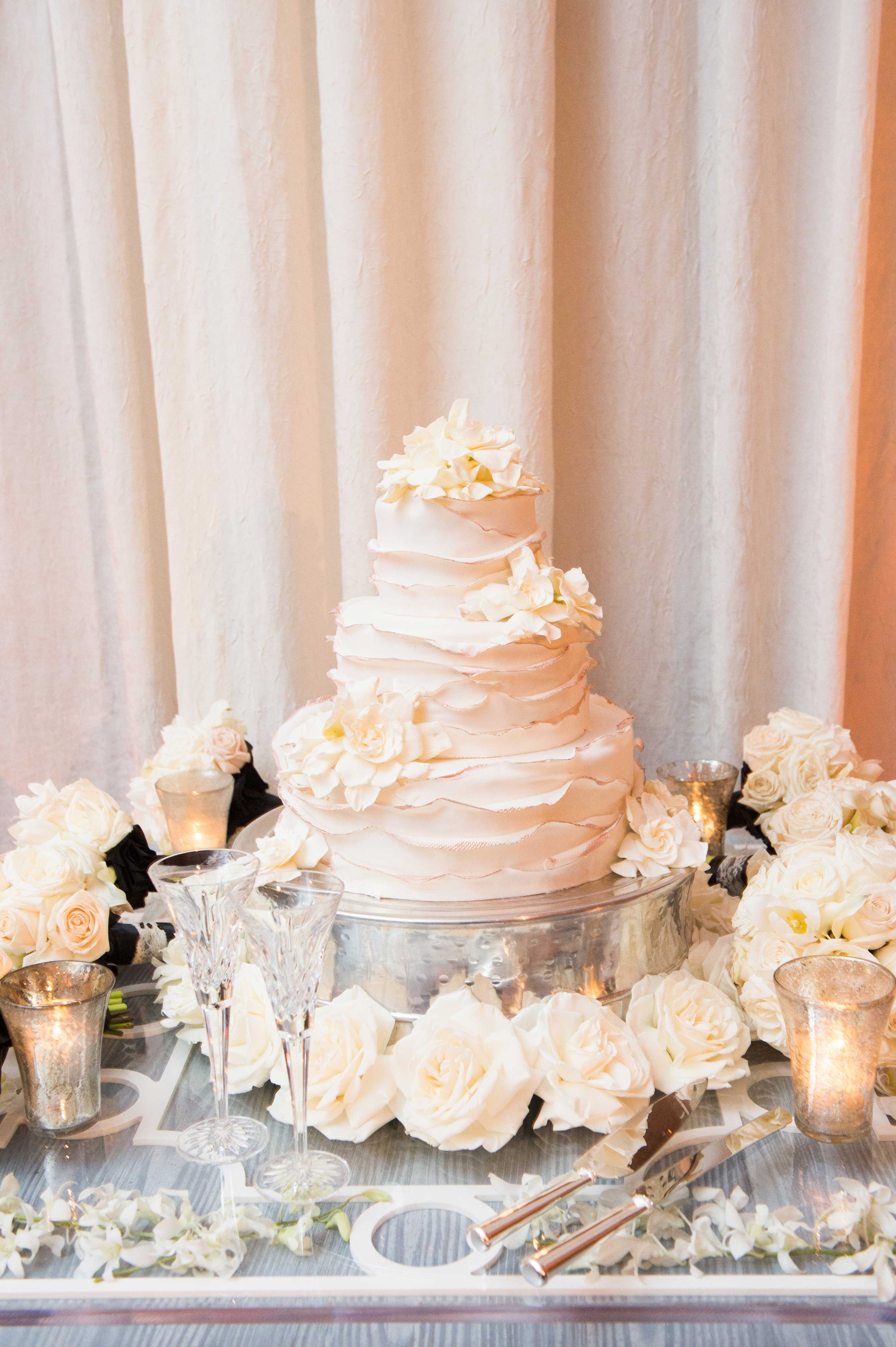 White Ruffle Cake with Fresh Flowers