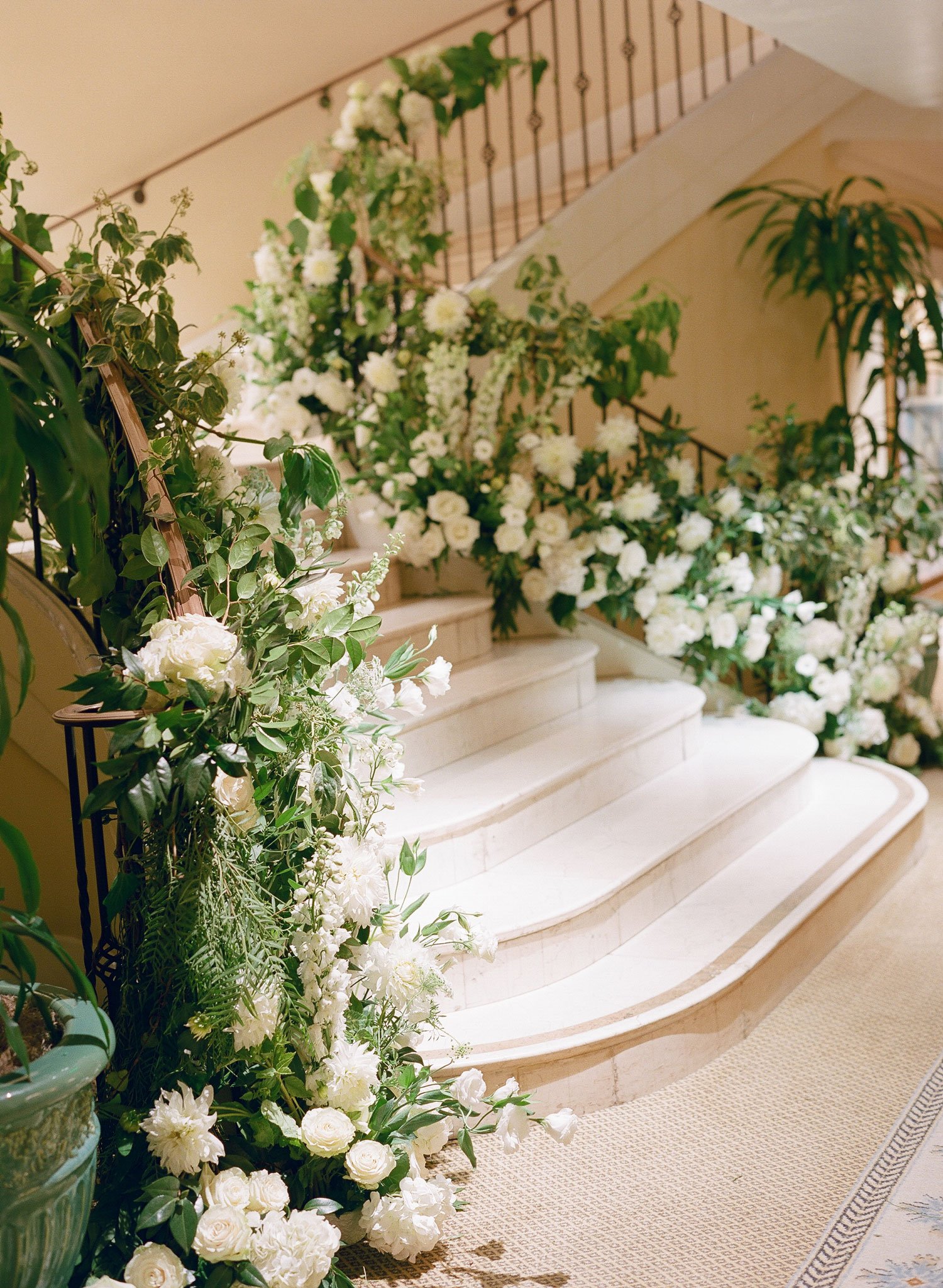 White Flowers & Greenery on Stairs