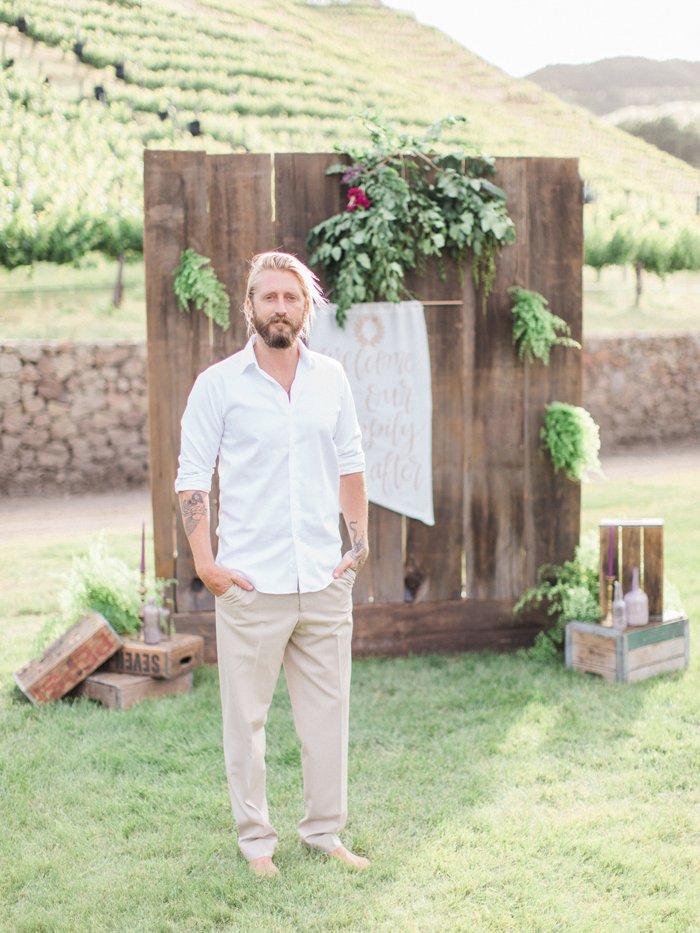 Boho Groom in White Shirt, Tan Pants