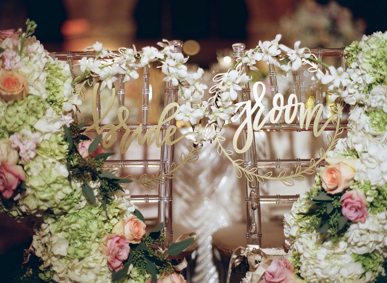 Circular Gold Bride & Groom Chair Signs