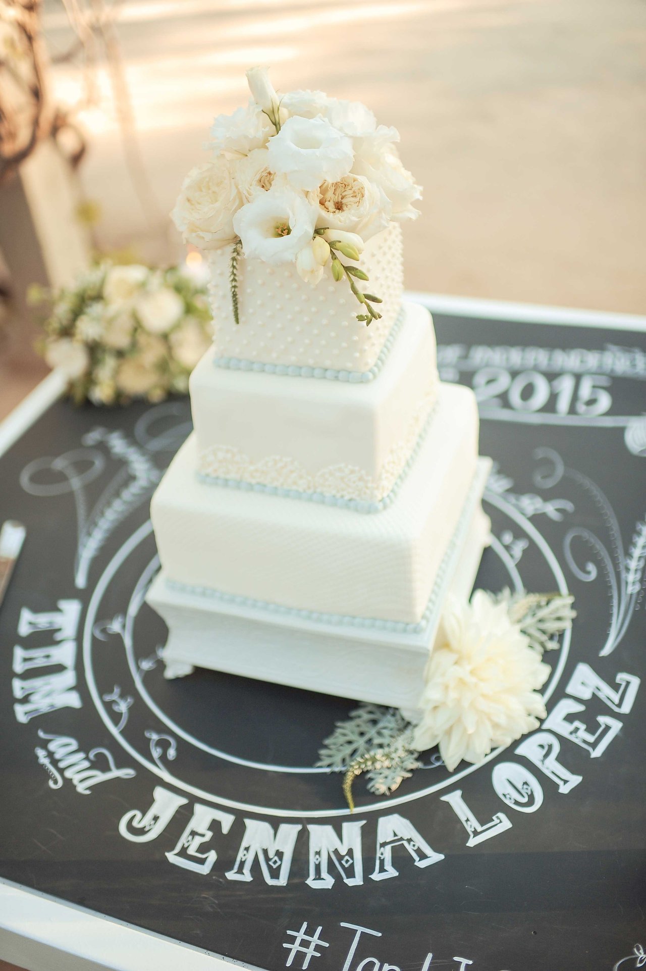 White Square Cake with Fresh Flowers