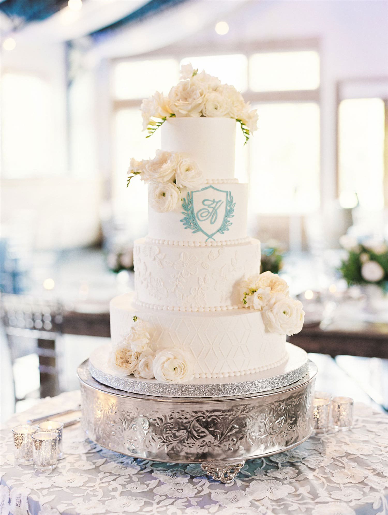 Classic Wedding Cake with Blue Crest
