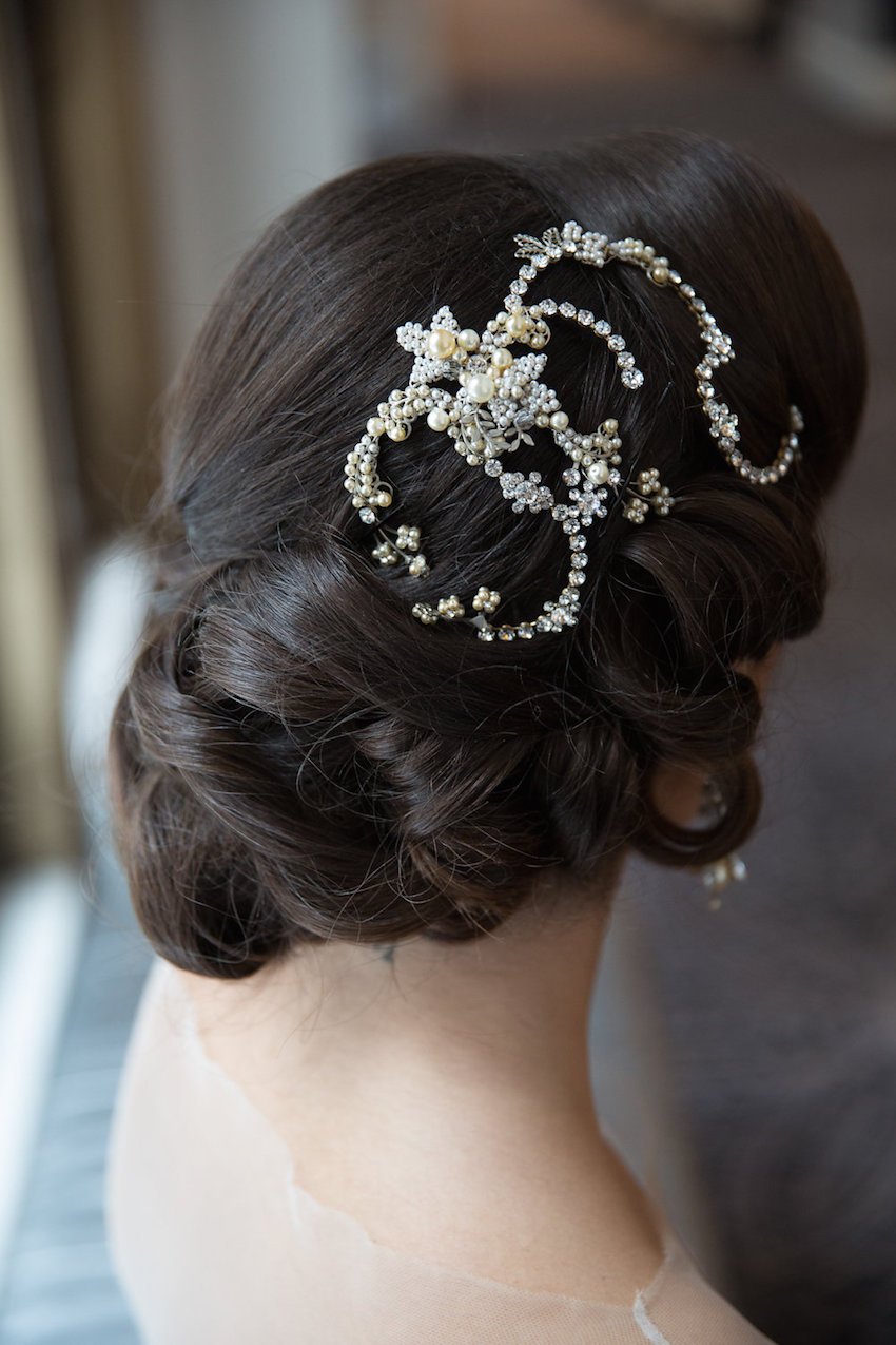 Bridal Updo with Swirling Pearl Headpiece