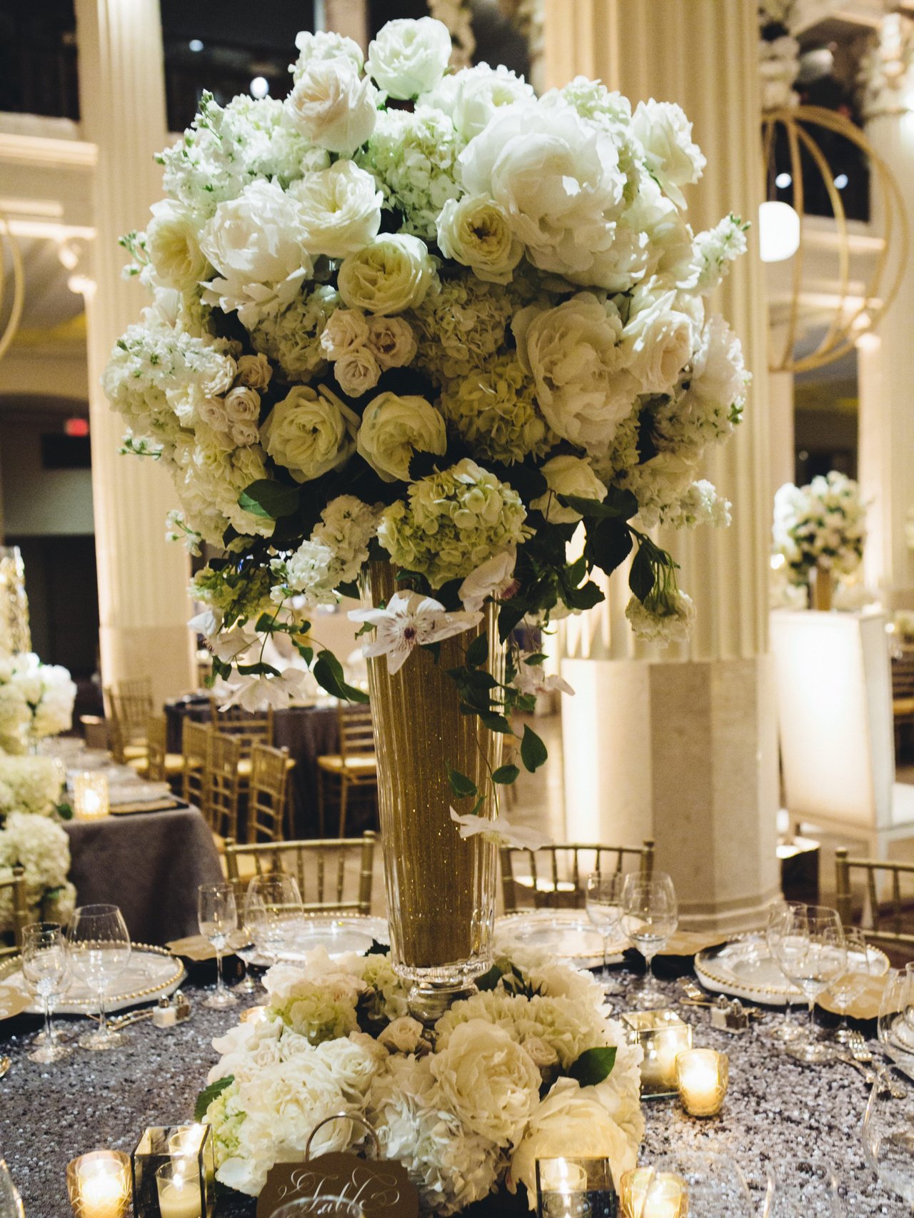 Reception Décor Photos - Ivory Floral Arrangement in Gold Vase - Inside ...