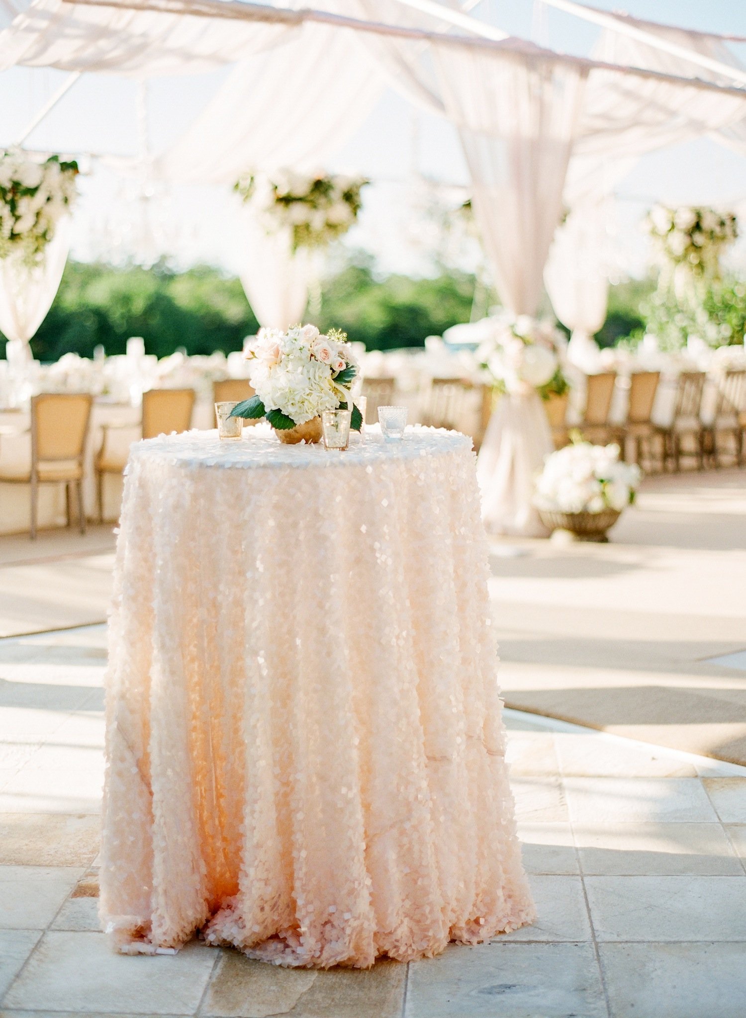 Reception Décor Photos - Light Pink Sequin Cocktail Linen - Inside Weddings
