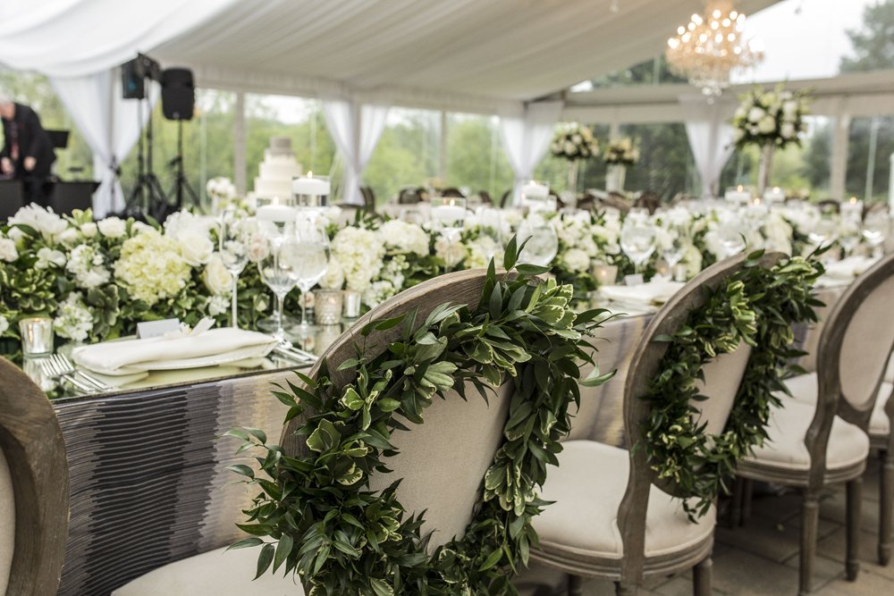 Green Wreaths, Back of Bride, Groom Chairs