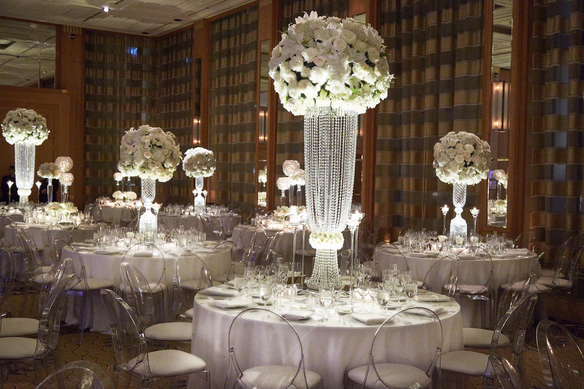 Centerpieces with White Blossoms and Crystal Bases