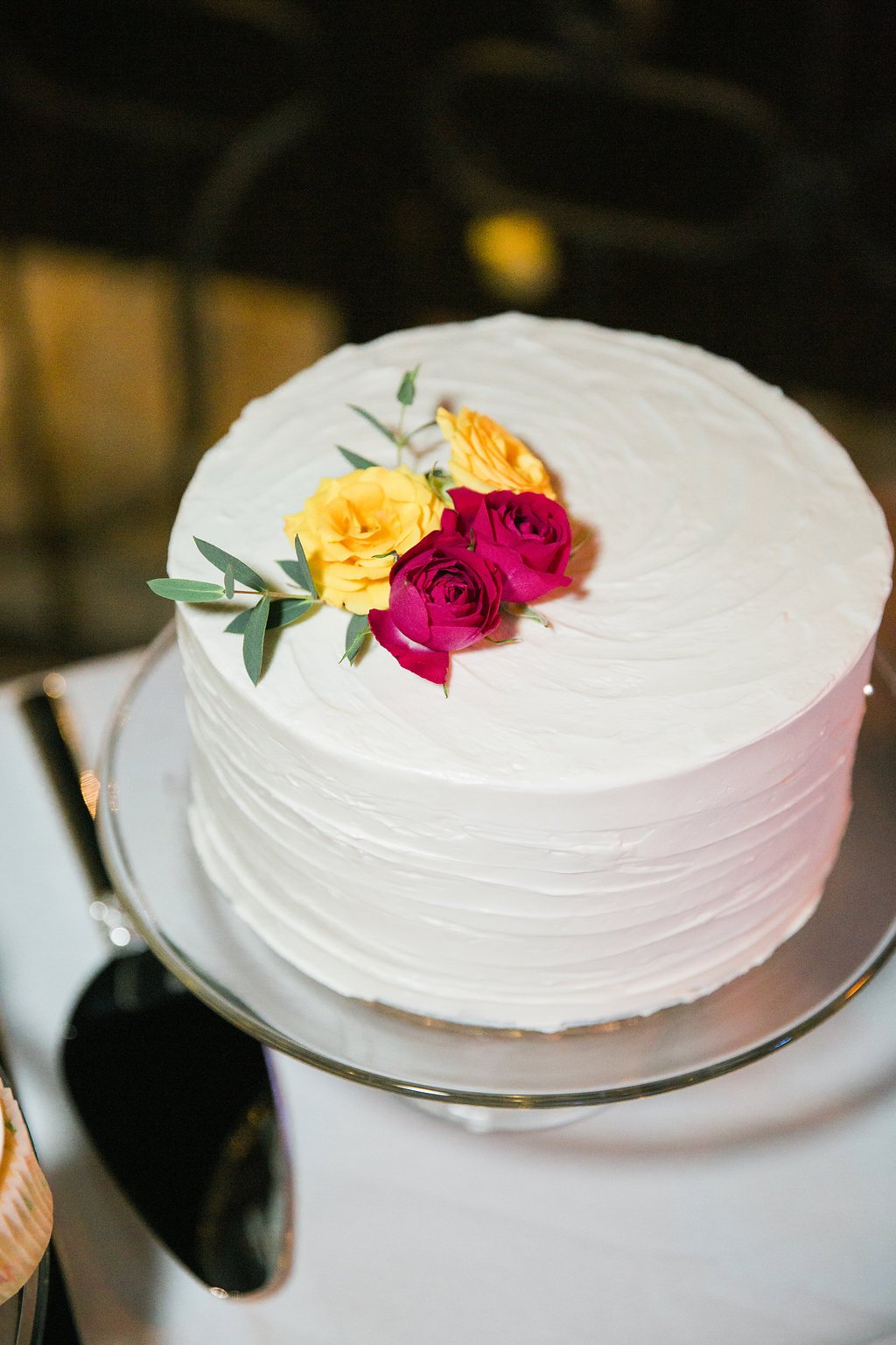 Small White Cake with Yellow & Pink Flowers