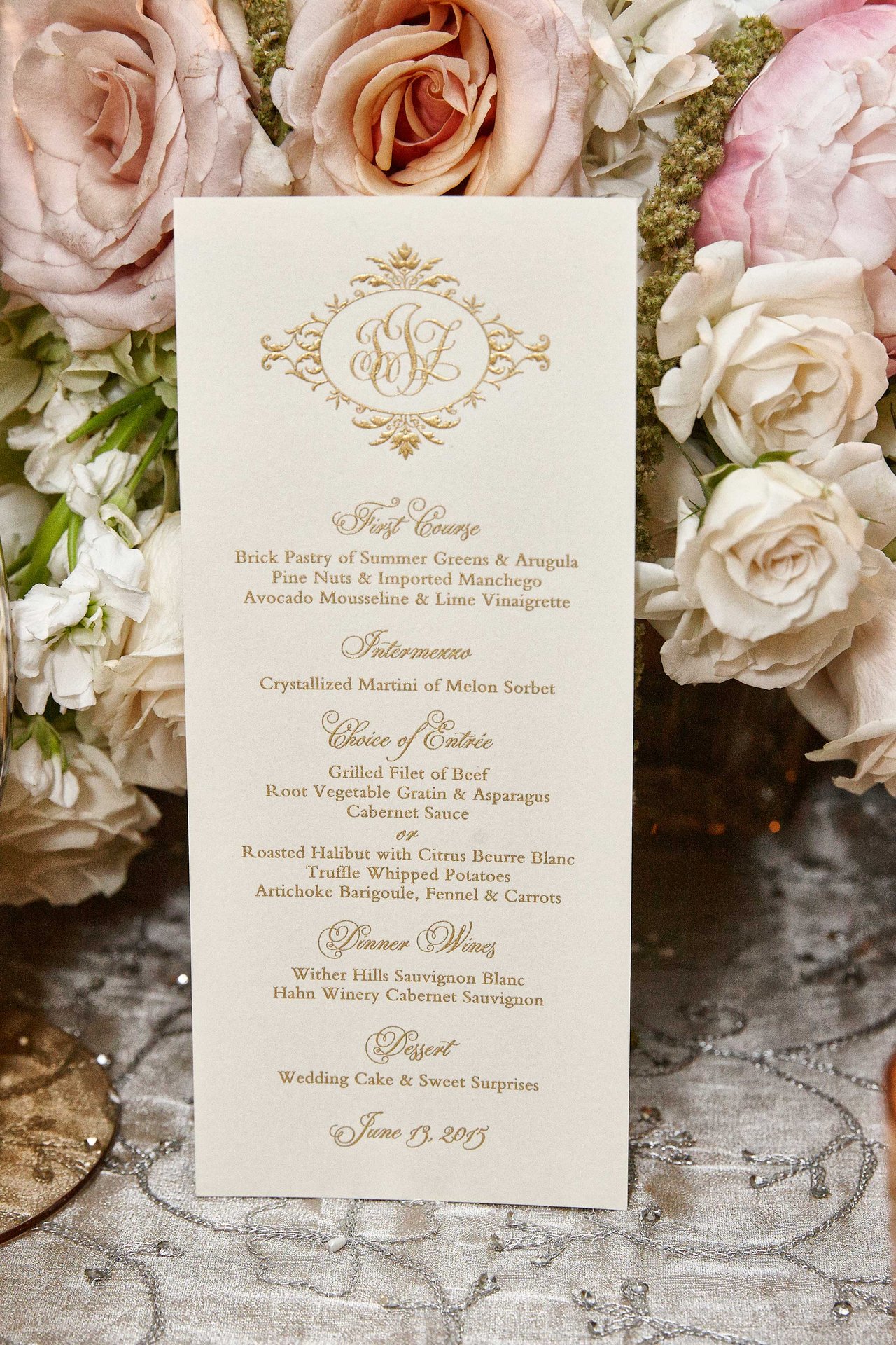 Ivory Menu Card with Golden Monogram