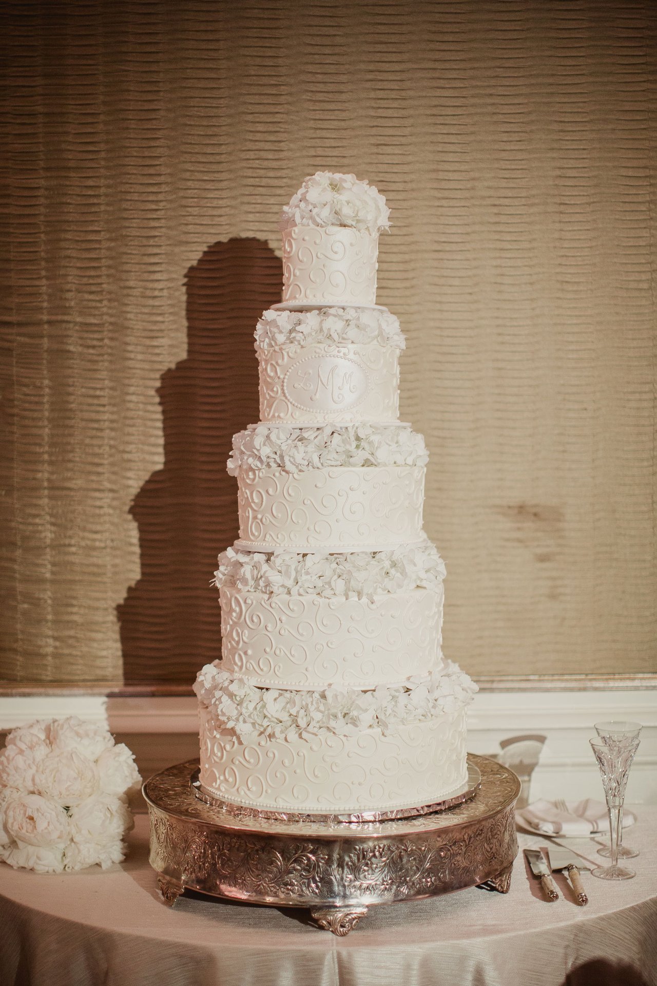 White Wedding Cake with Monogram & Flowers