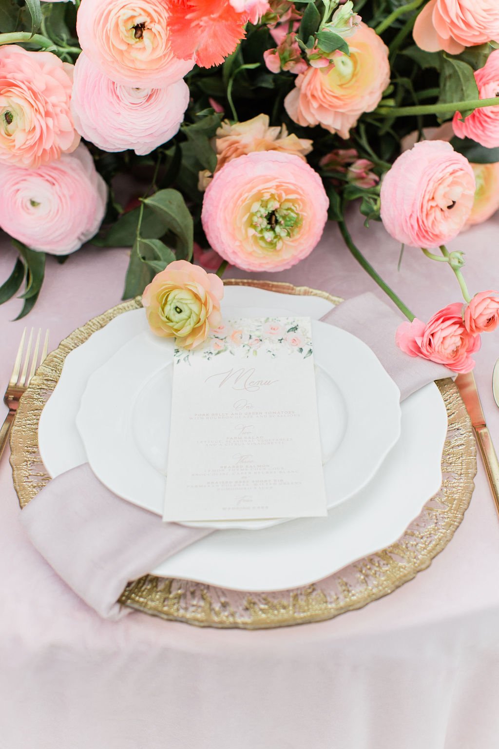 Floral Menu with Pink Ranunculus Blossoms