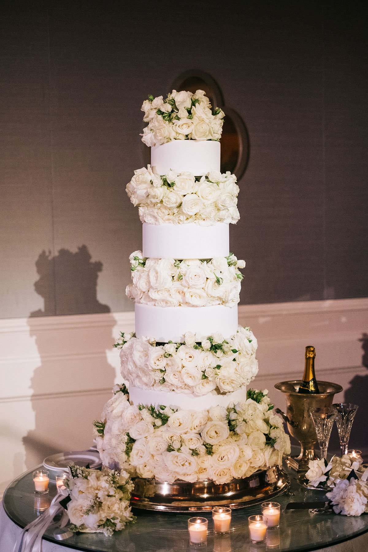 Tall Cake with White Rose Layers