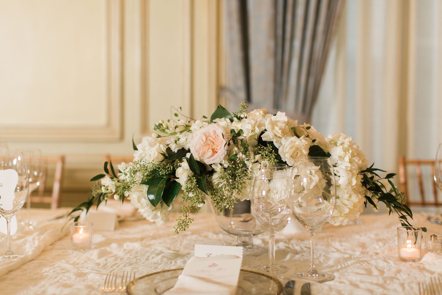 Low Floral Arrangement at Neutral Reception