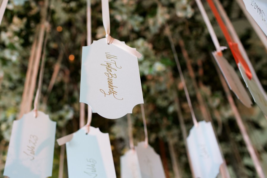 Invitations + More Photos - Hanging Place Cards with Gold Lettering ...