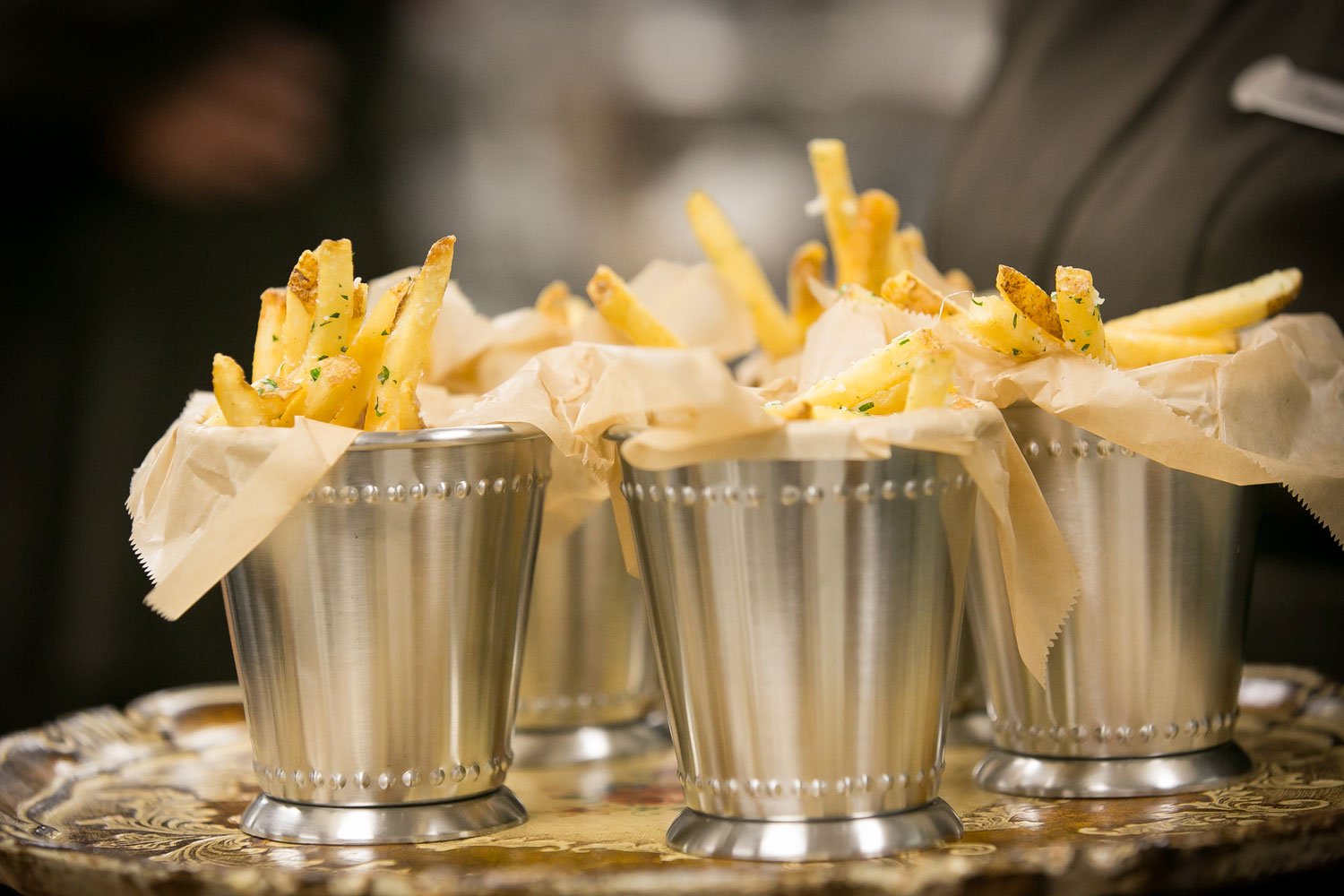 French Fries in Silver Servers