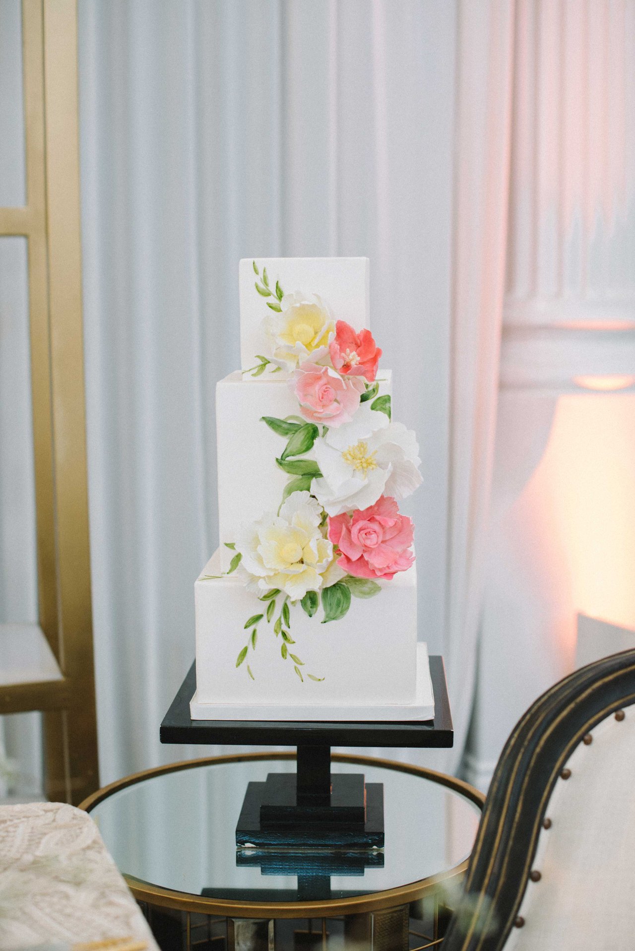 3-Tier White Cake with Floral Details