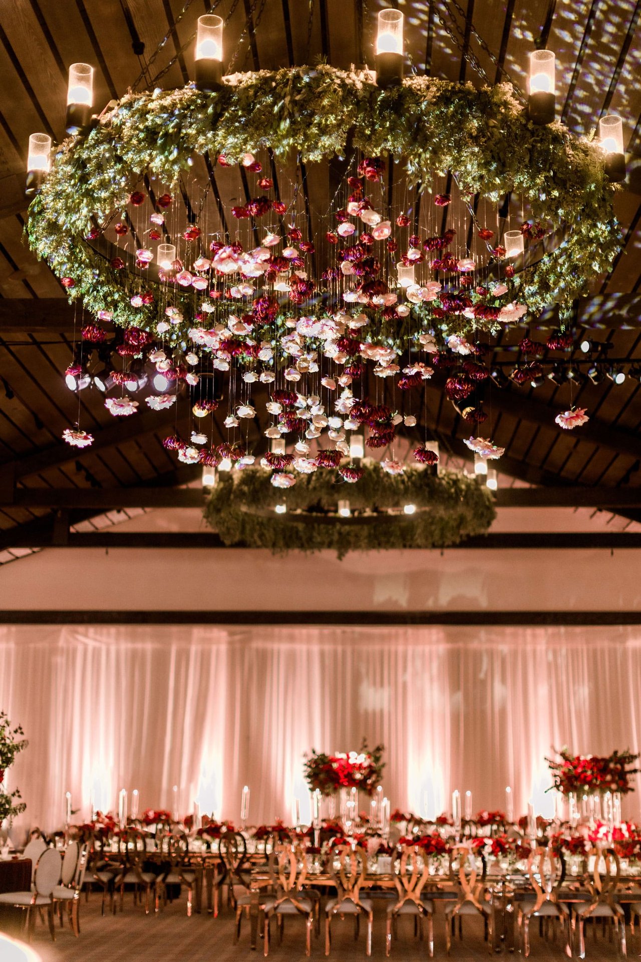 Floral Ceiling Installation at Ballroom Wedding