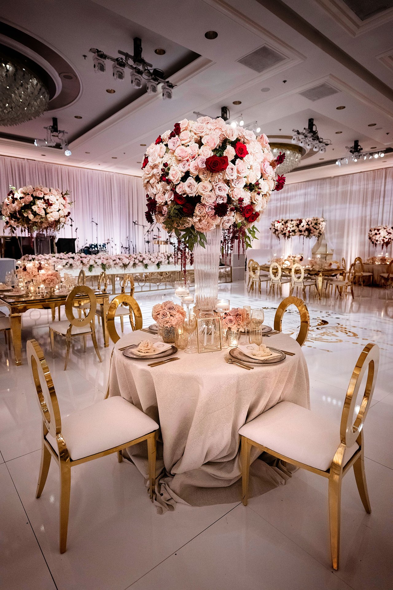 Gold Chairs & Tall Centerpieces