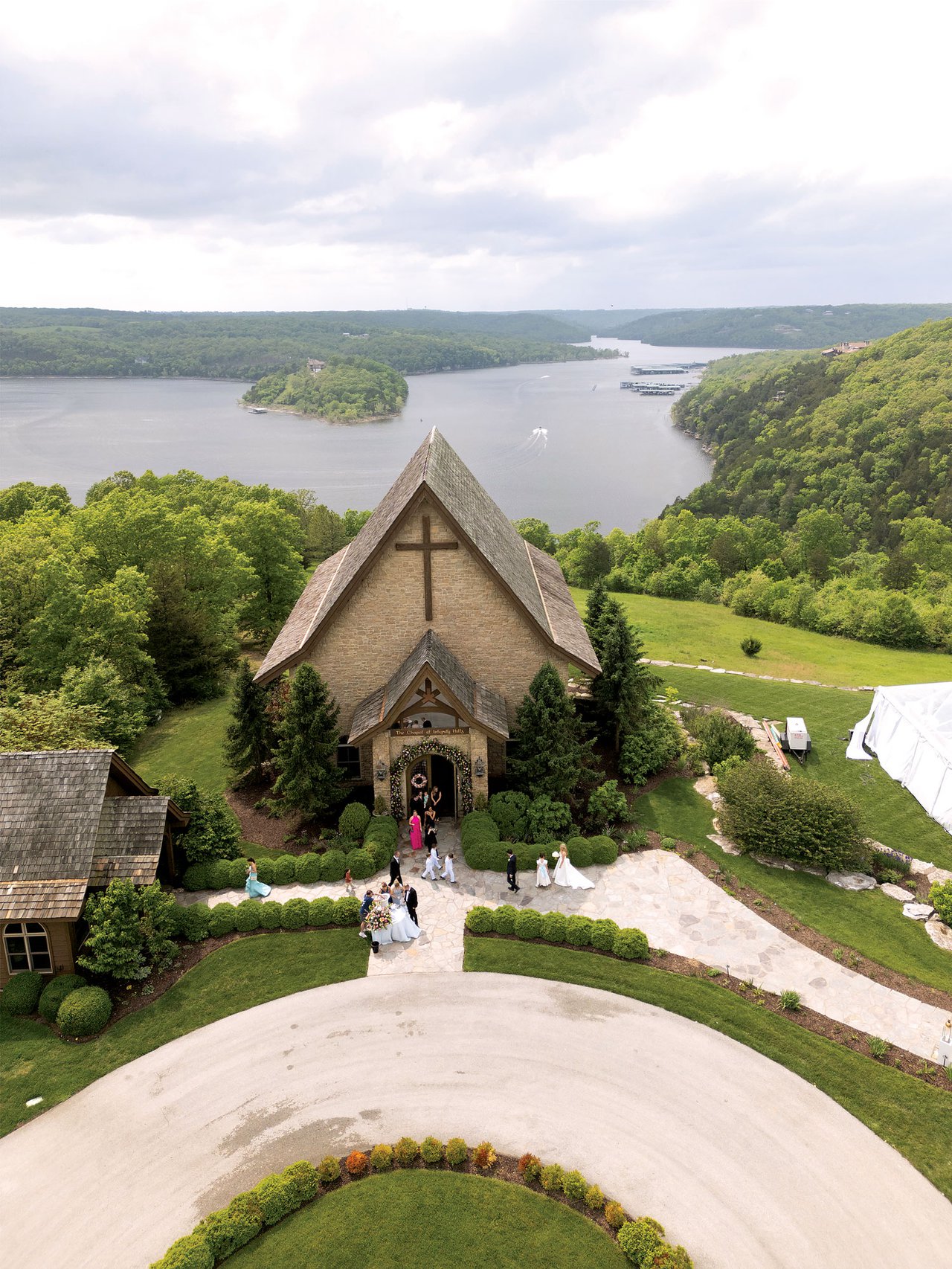 Aerial View of Chapel Wedding in the Ozarks