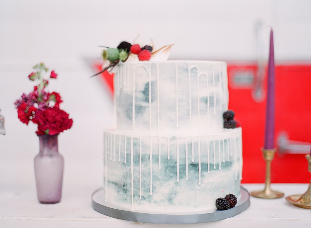 Blue/Gray Drip Cake, Fresh Fruits