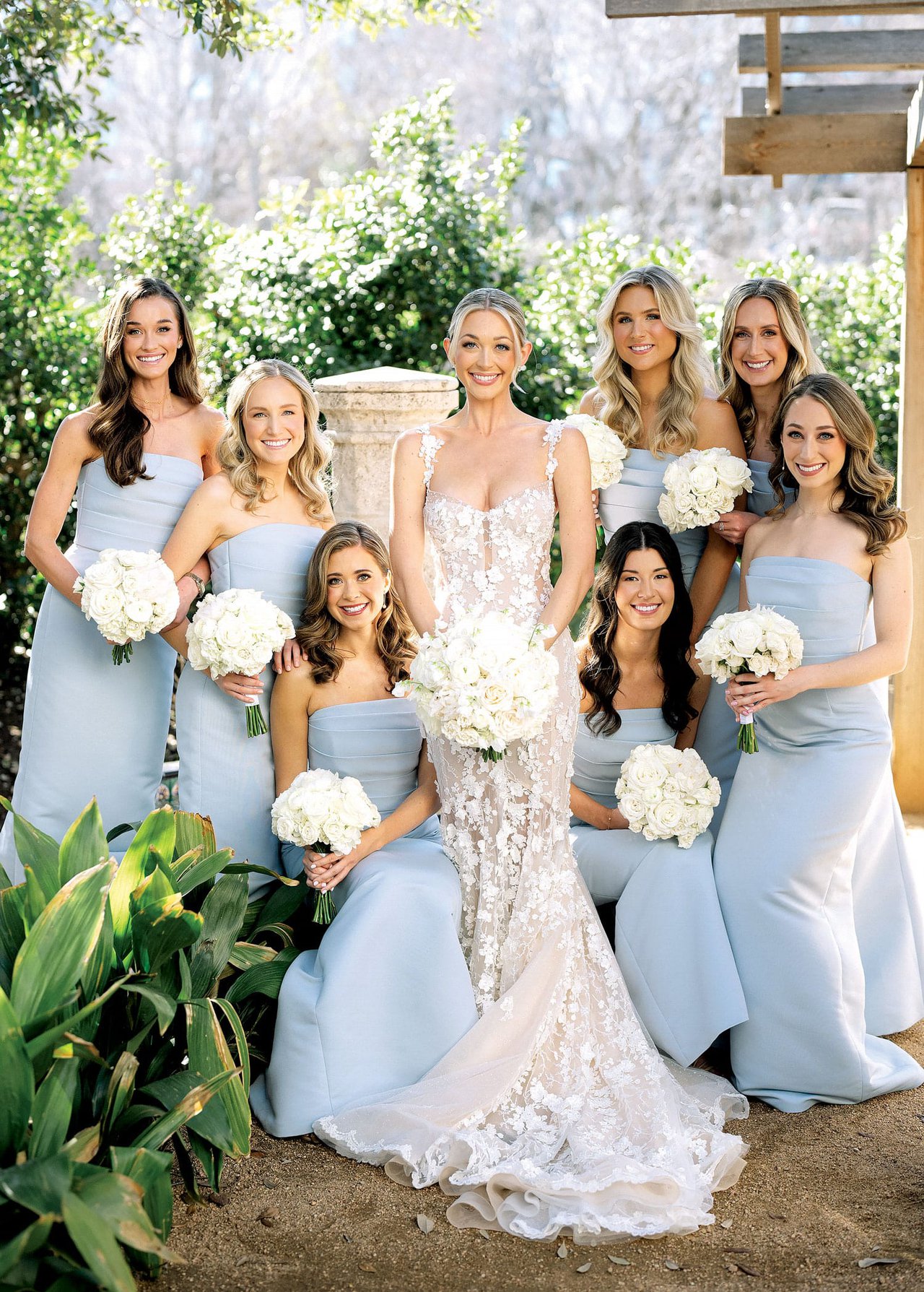 Bride with Bridesmaids in Light Blue Dresses