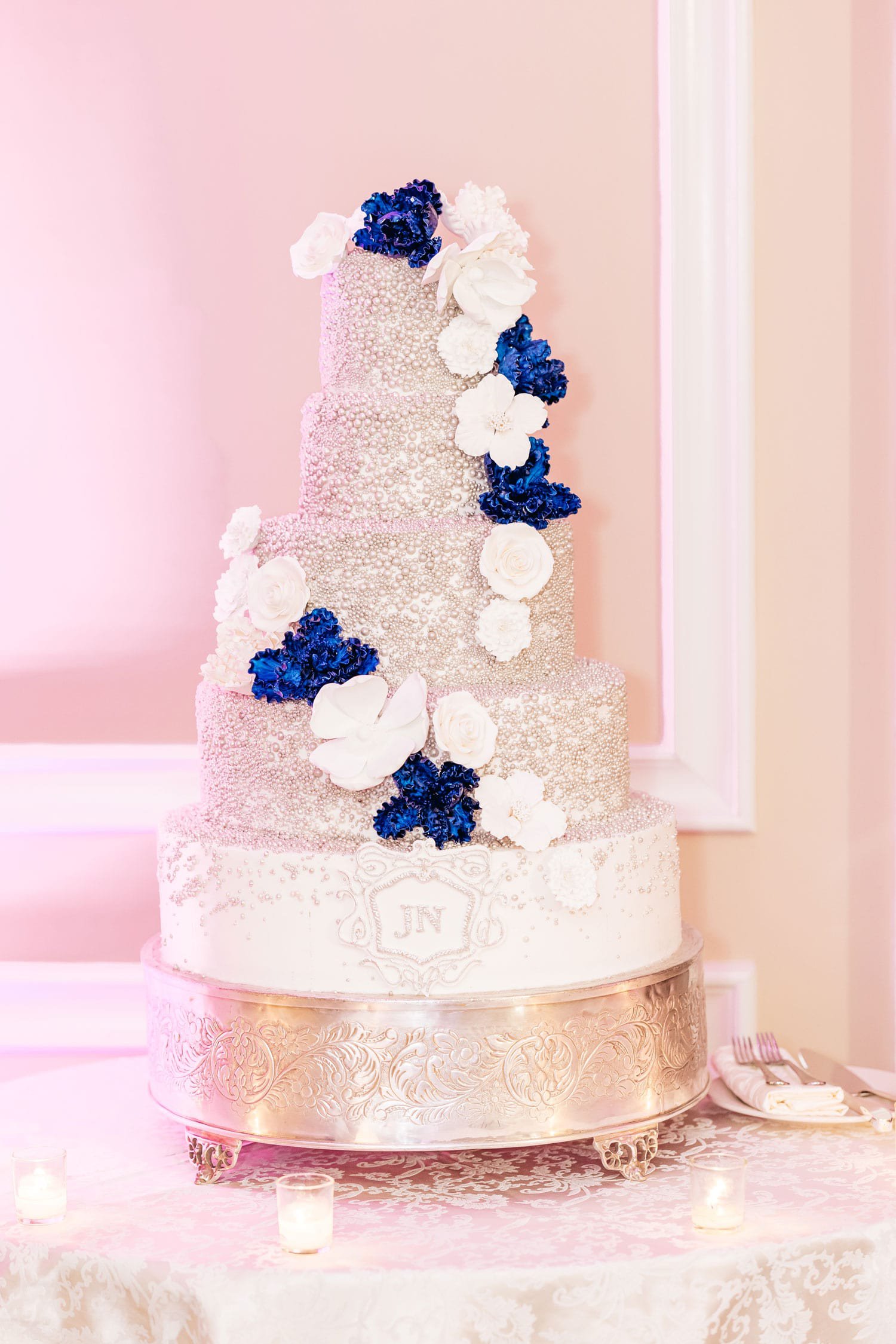 White, Blue & Silver Wedding Cake