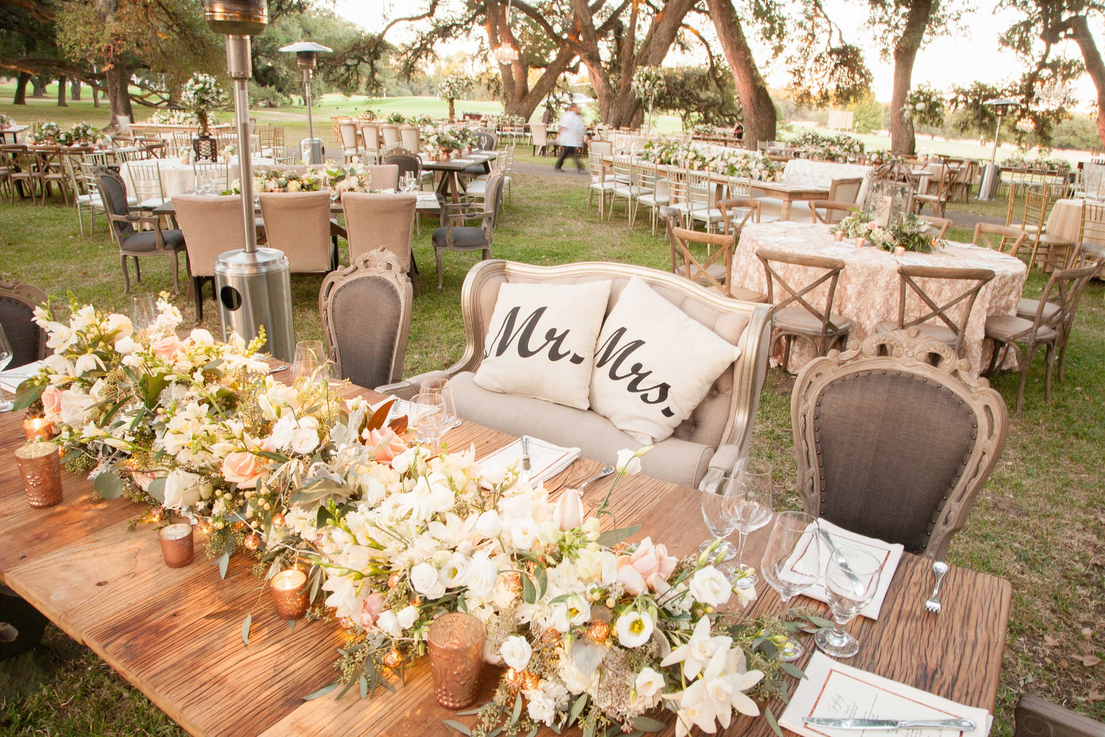 Rustic Head Table with Mr. & Mrs. Pillows