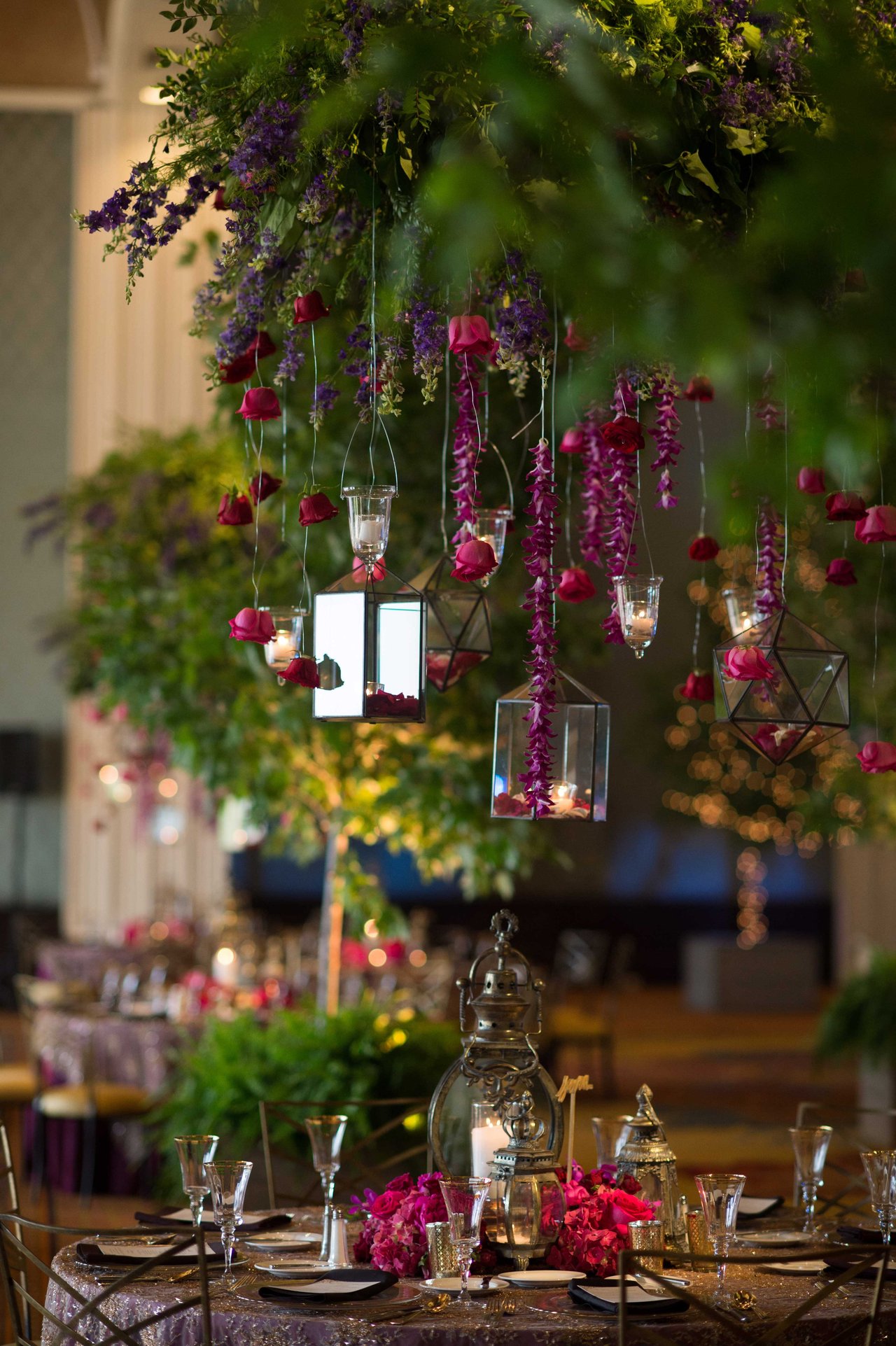 Whimsical Lighting Suspended from Greenery