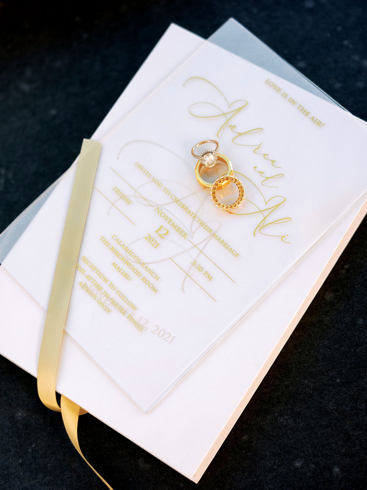 Gold Wedding Rings on White & Gold Invitation