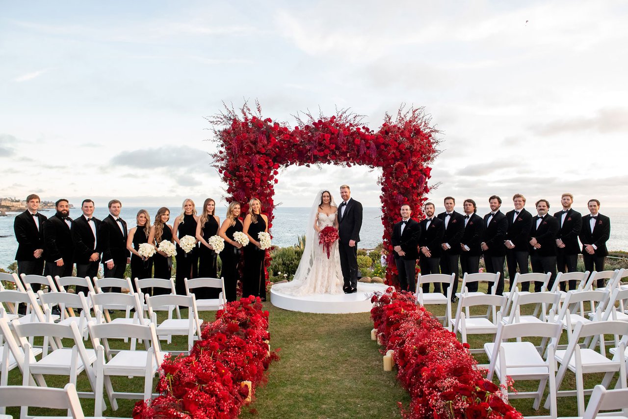 Uneven Bridal Party at Red Wedding Ceremony