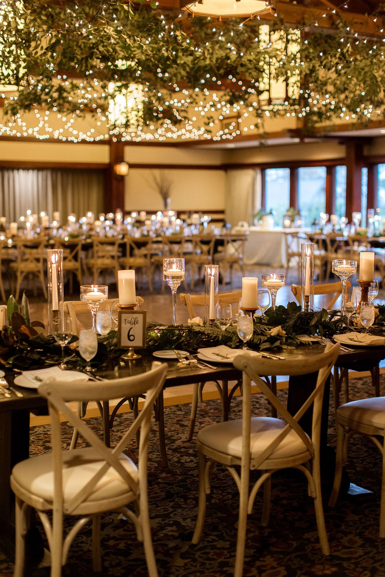 Long Rustic Tables Around Dance Floor