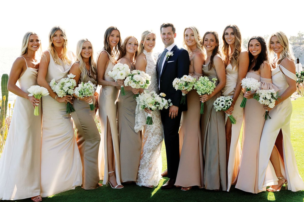 Bride & Groom with Neutral-Toned Bridesmaids