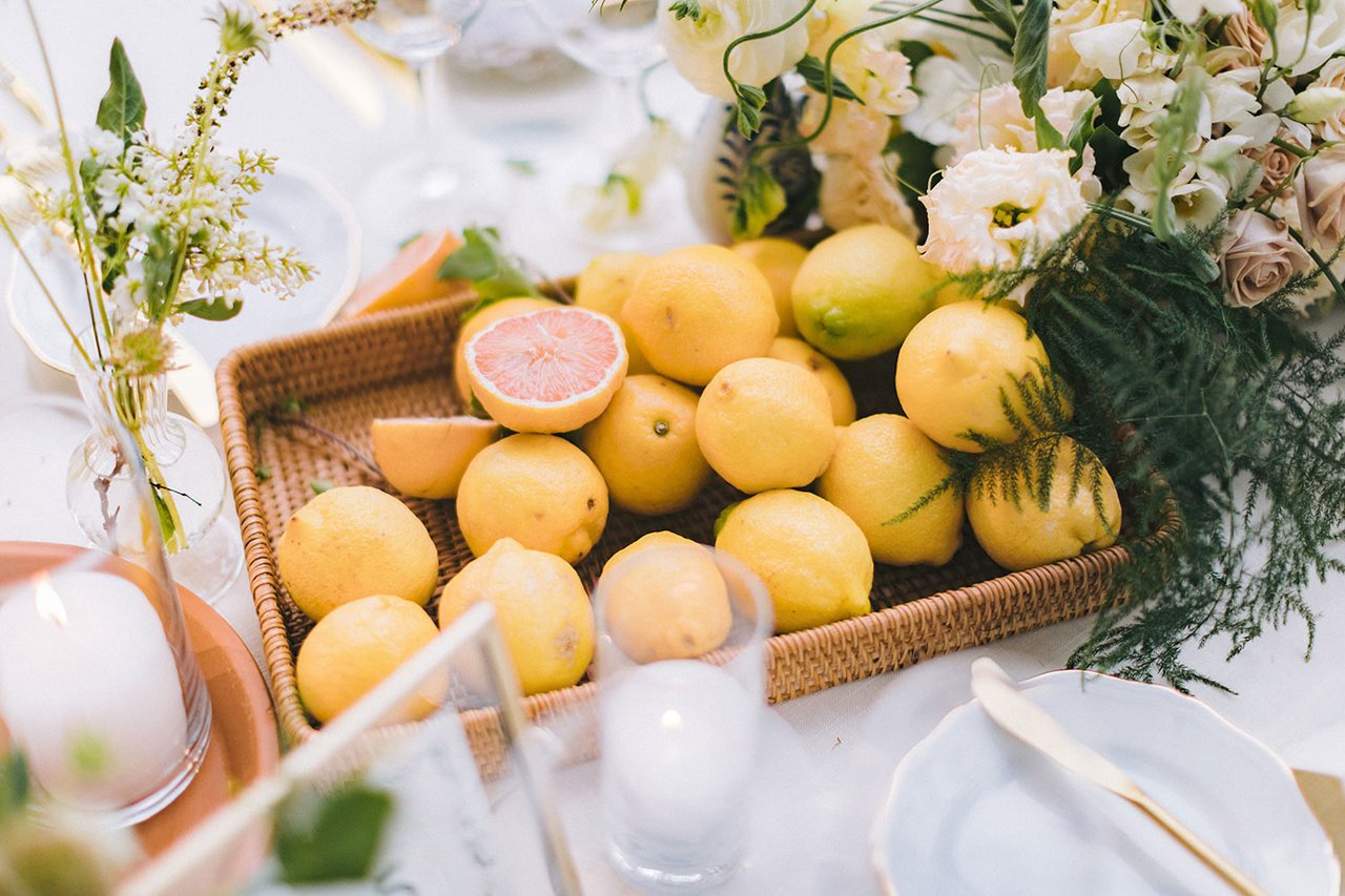 Fresh Lemons in Woven Tray at Wedding