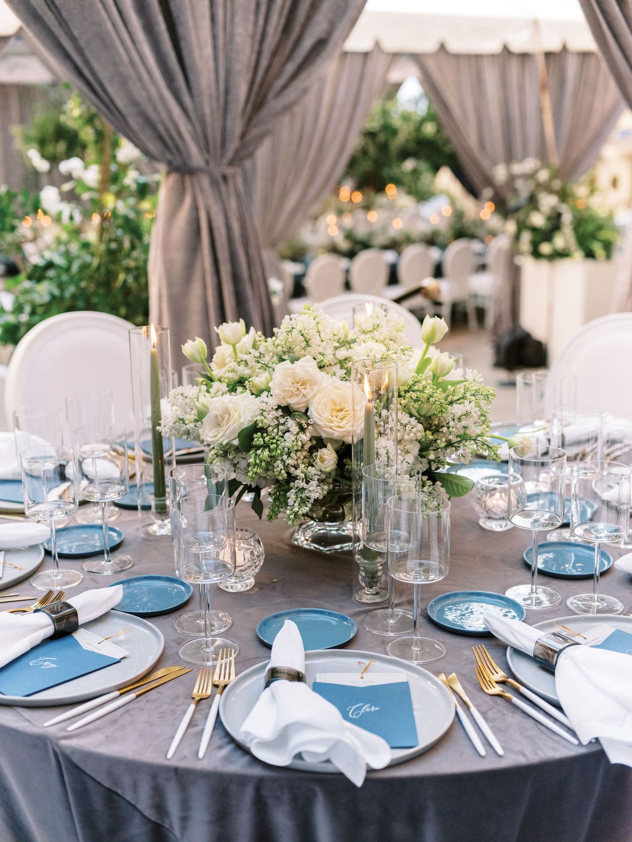 Grey, Blue, White & Green Wedding Tablescape