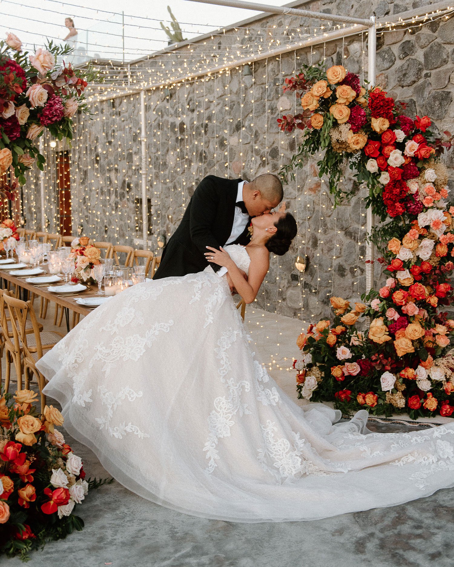 Bride & Groom Kiss at Outdoor Santorini Wedding