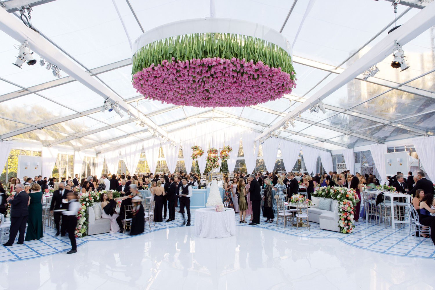 Wedding Guests Under Tulip Ceiling Arrangement
