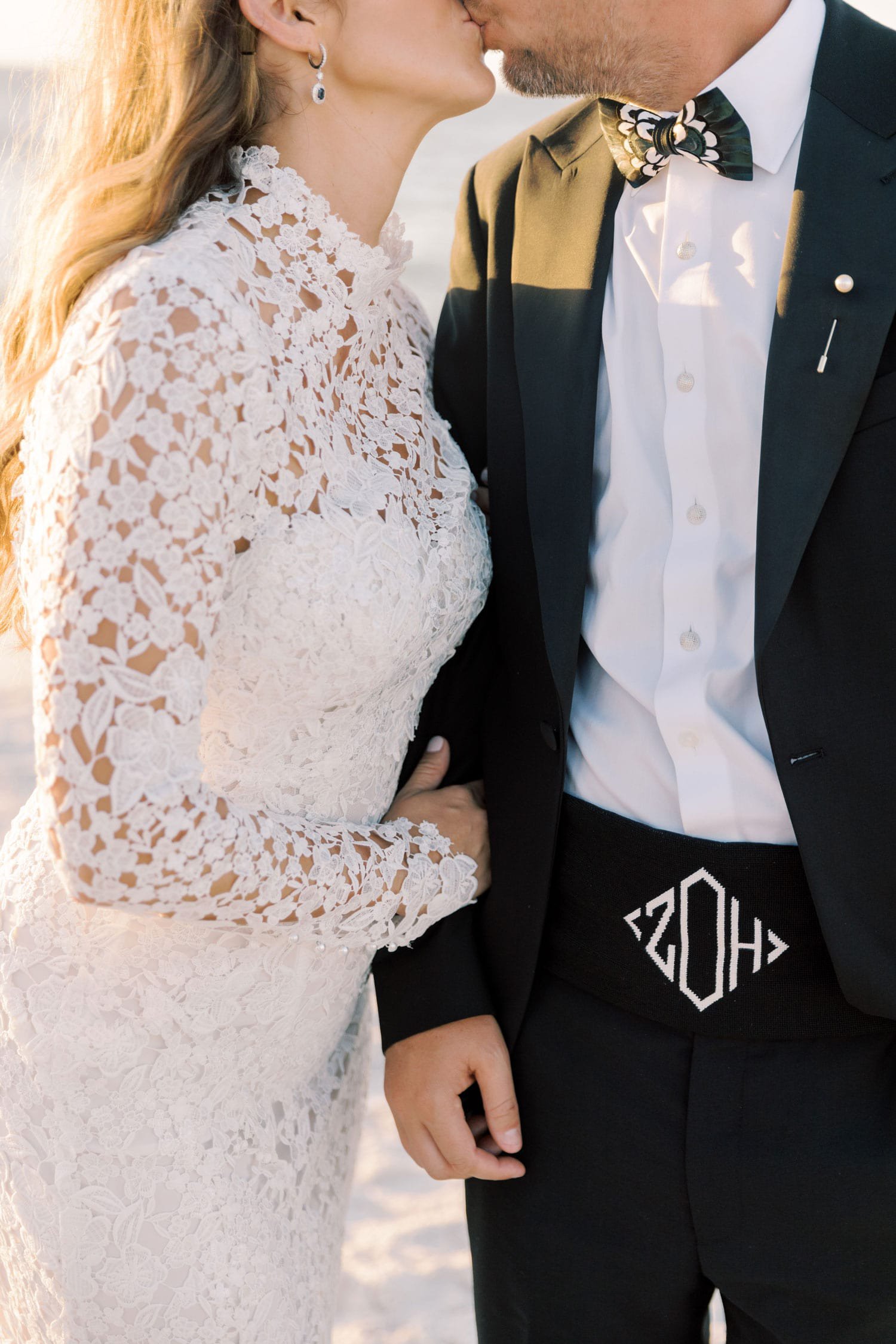 Bride in Lace Dress & Groom with Monogram Cummerbund