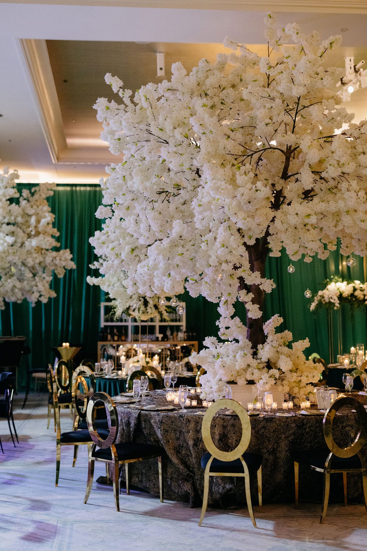 Luxury Reception with Tall Flowering Tree Centerpiece