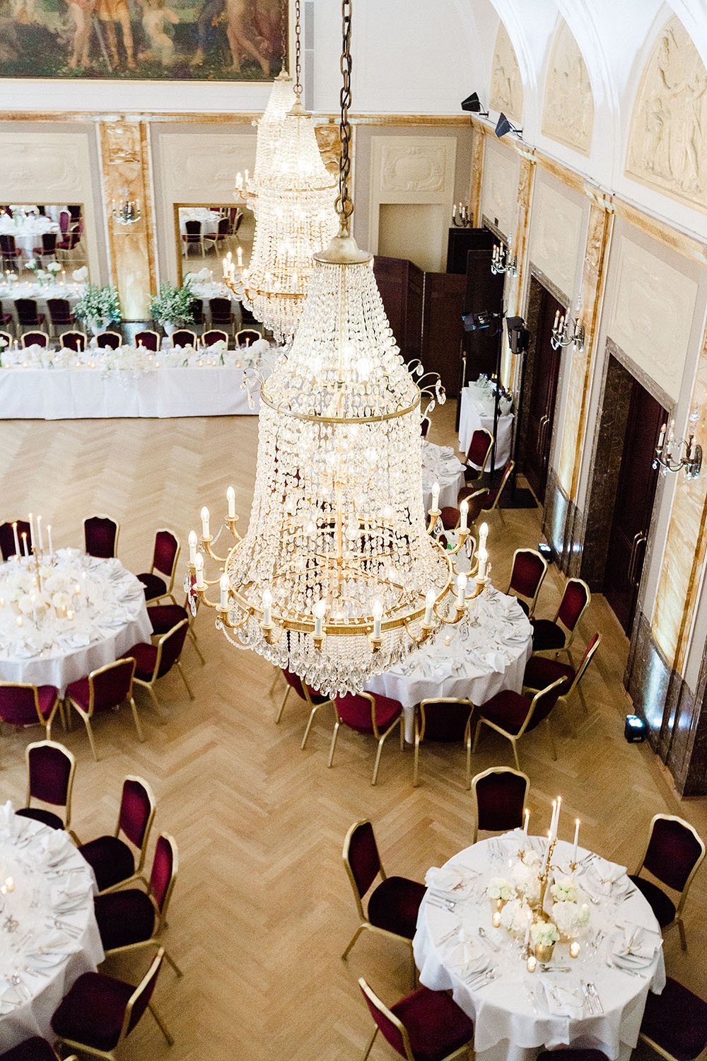 Crystal & Gold Chandeliers in Ballroom
