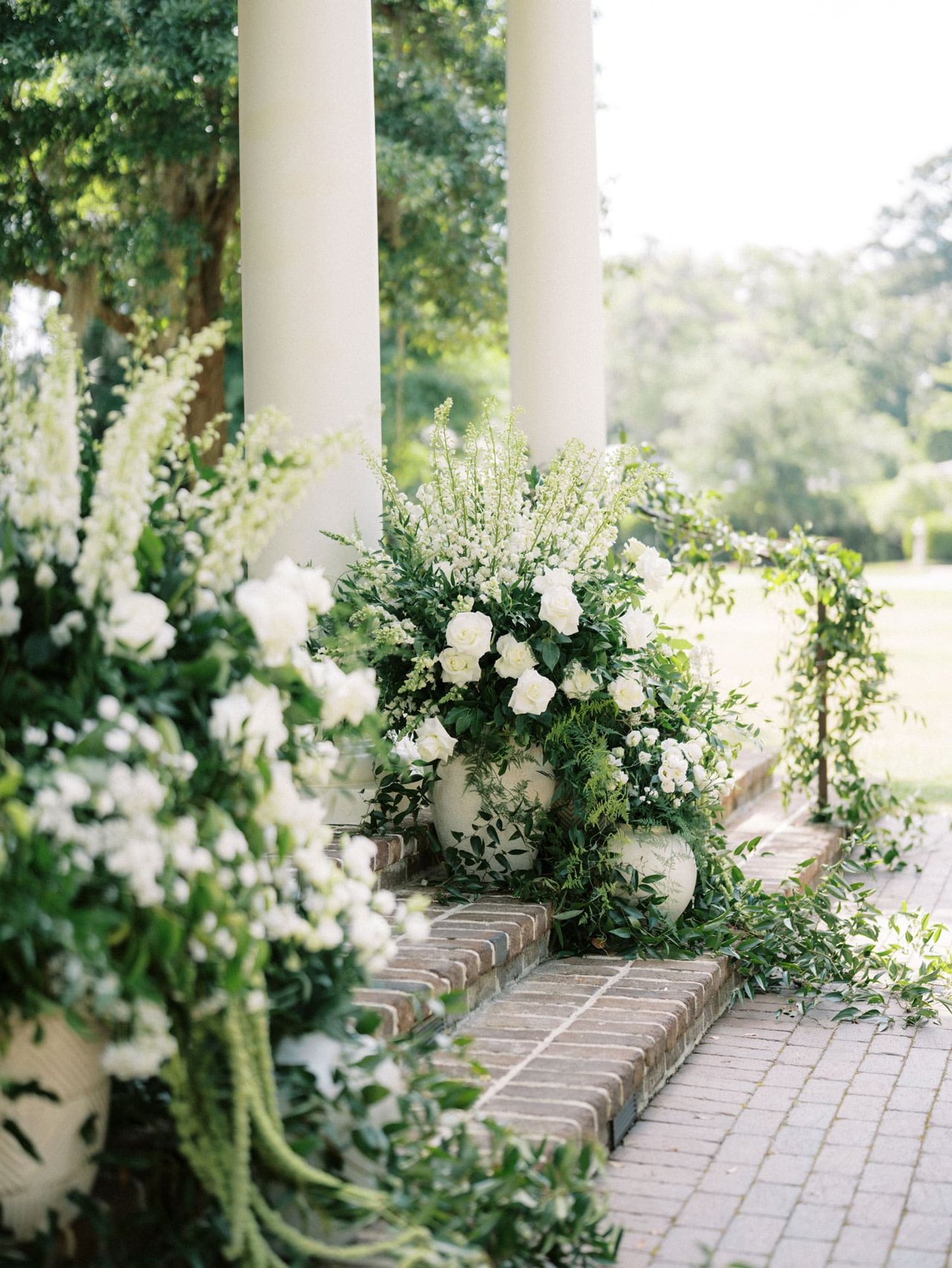 White Flowers & Greenery on Chapel Steps