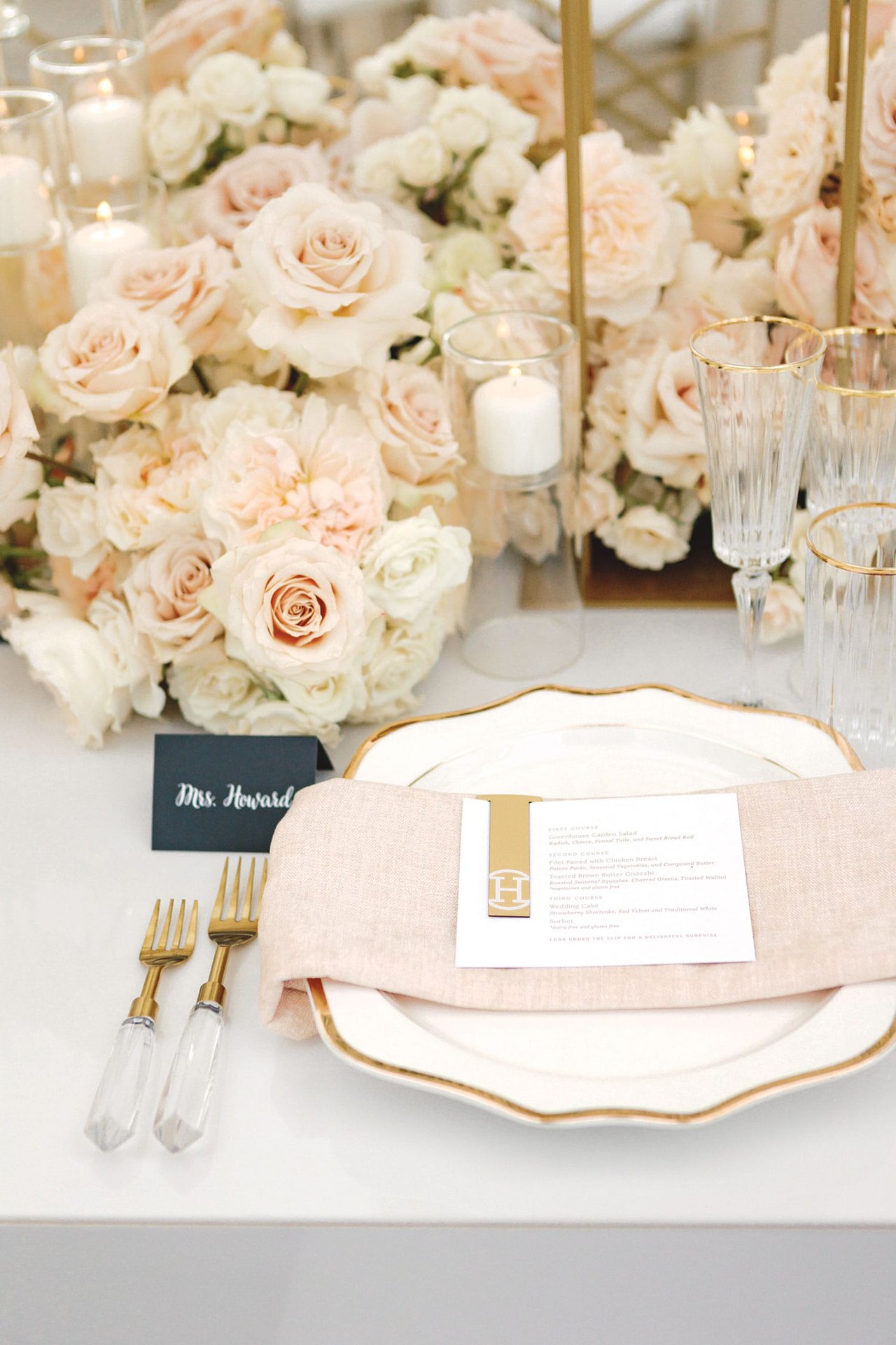White & Gold Place Setting at Lacquer Table