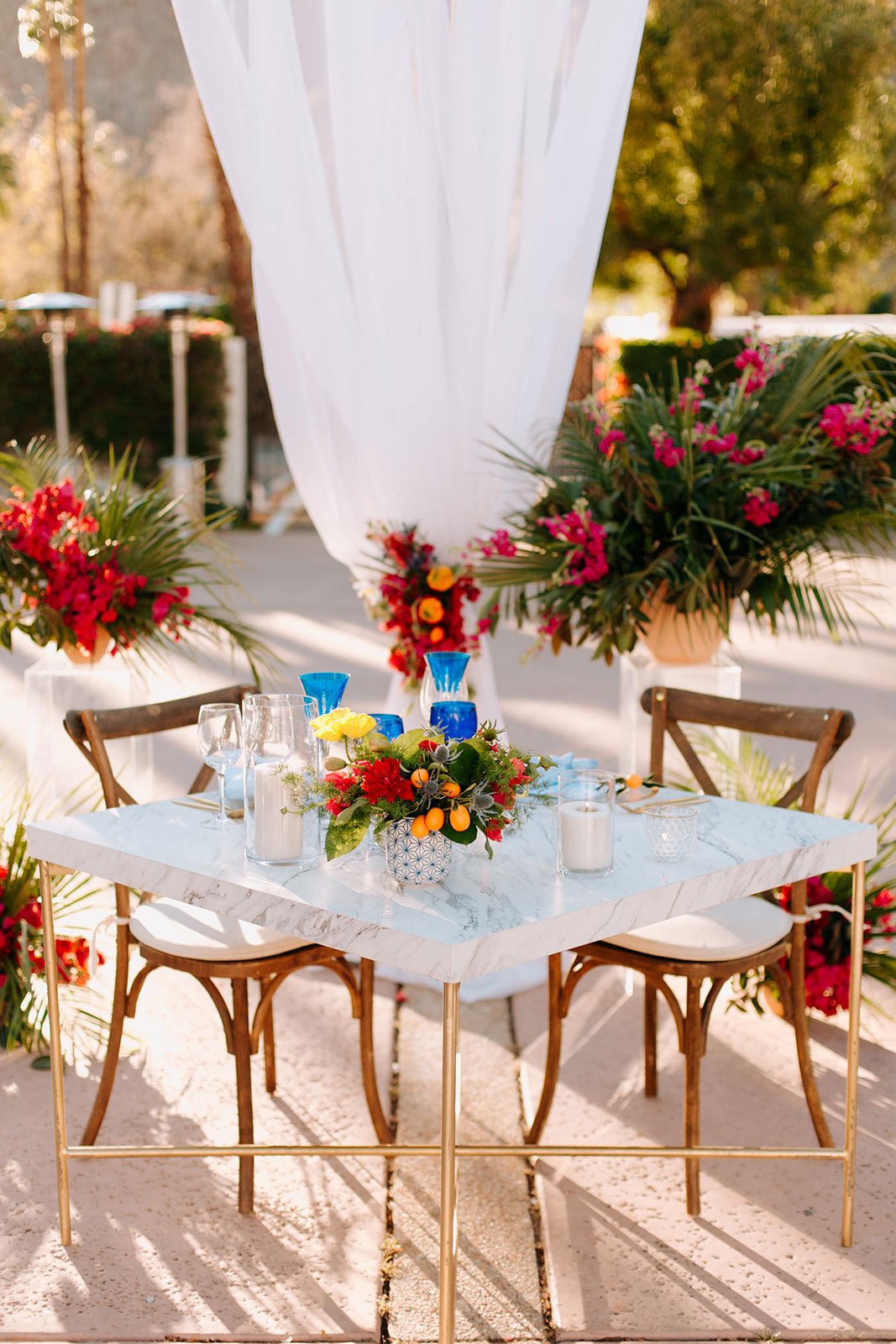Marble Sweetheart Table at Courtyard Reception