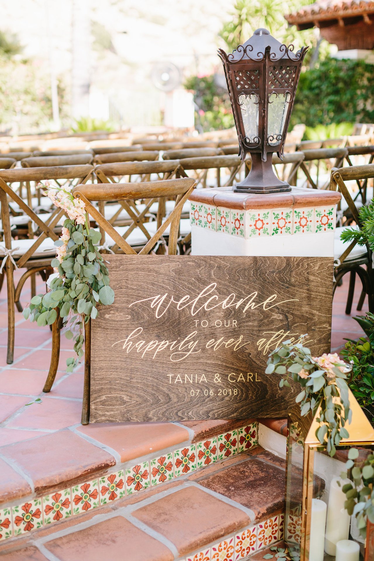 Wood Welcome Sign on Terracotta Tile